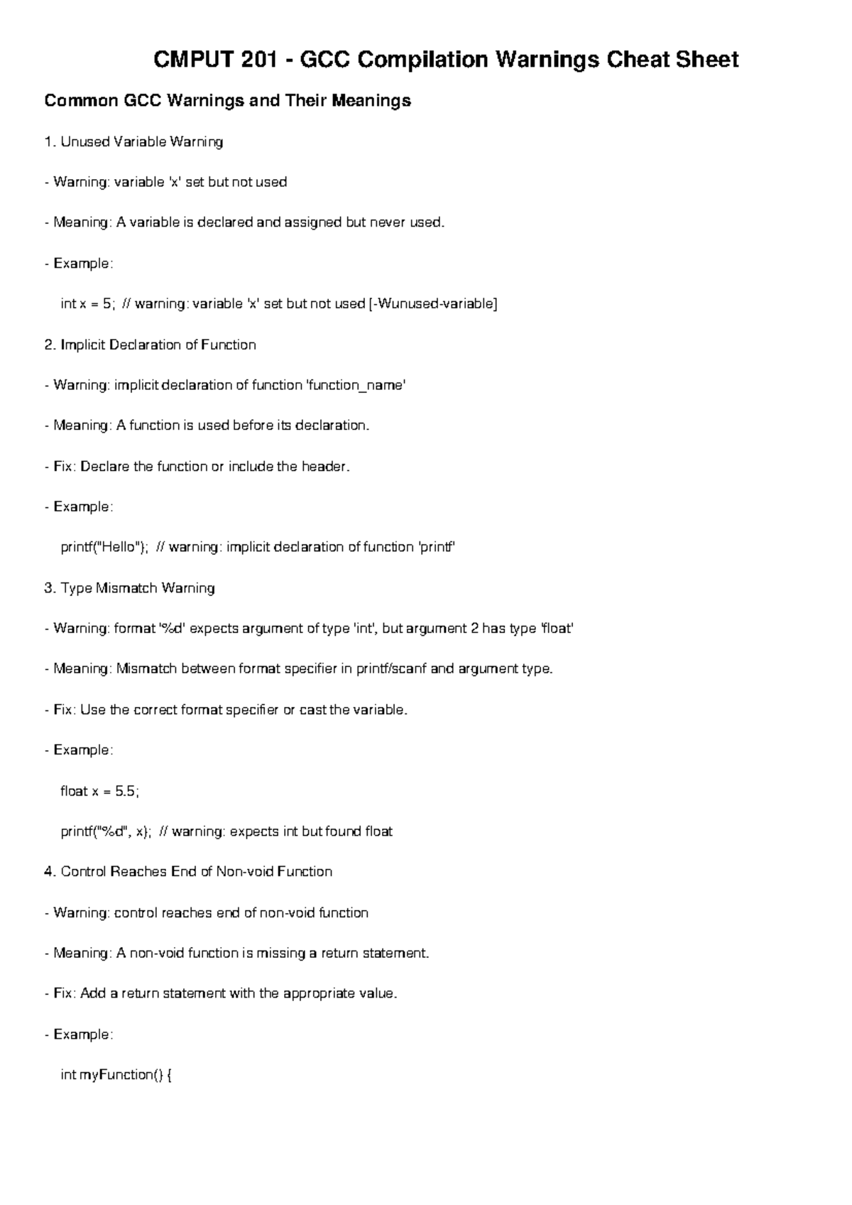GCC Warnings Cheat Sheet - CMPUT 201 - GCC Compilation Warnings Cheat Sheet Common GCC Warnings ...