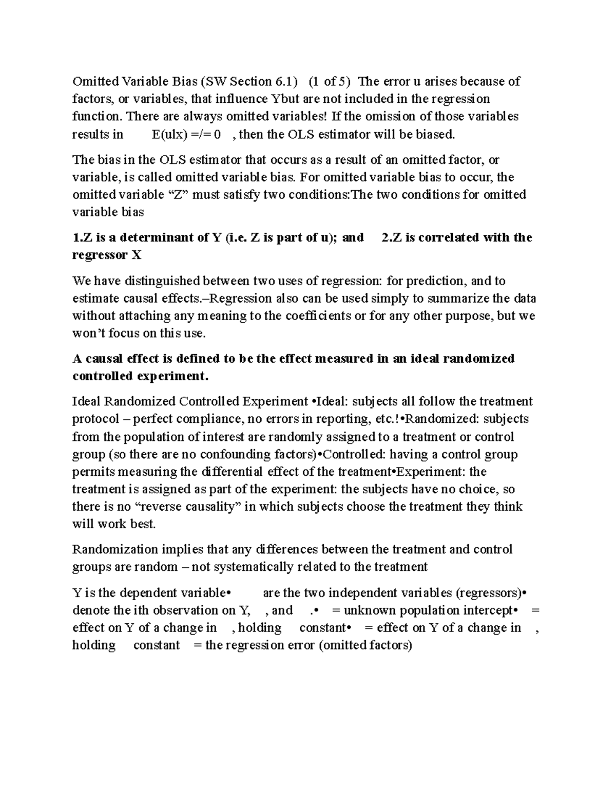 Notes Exam Econ 2 - Omitted Variable Bias (SW Section 6) (1 of 5) The ...