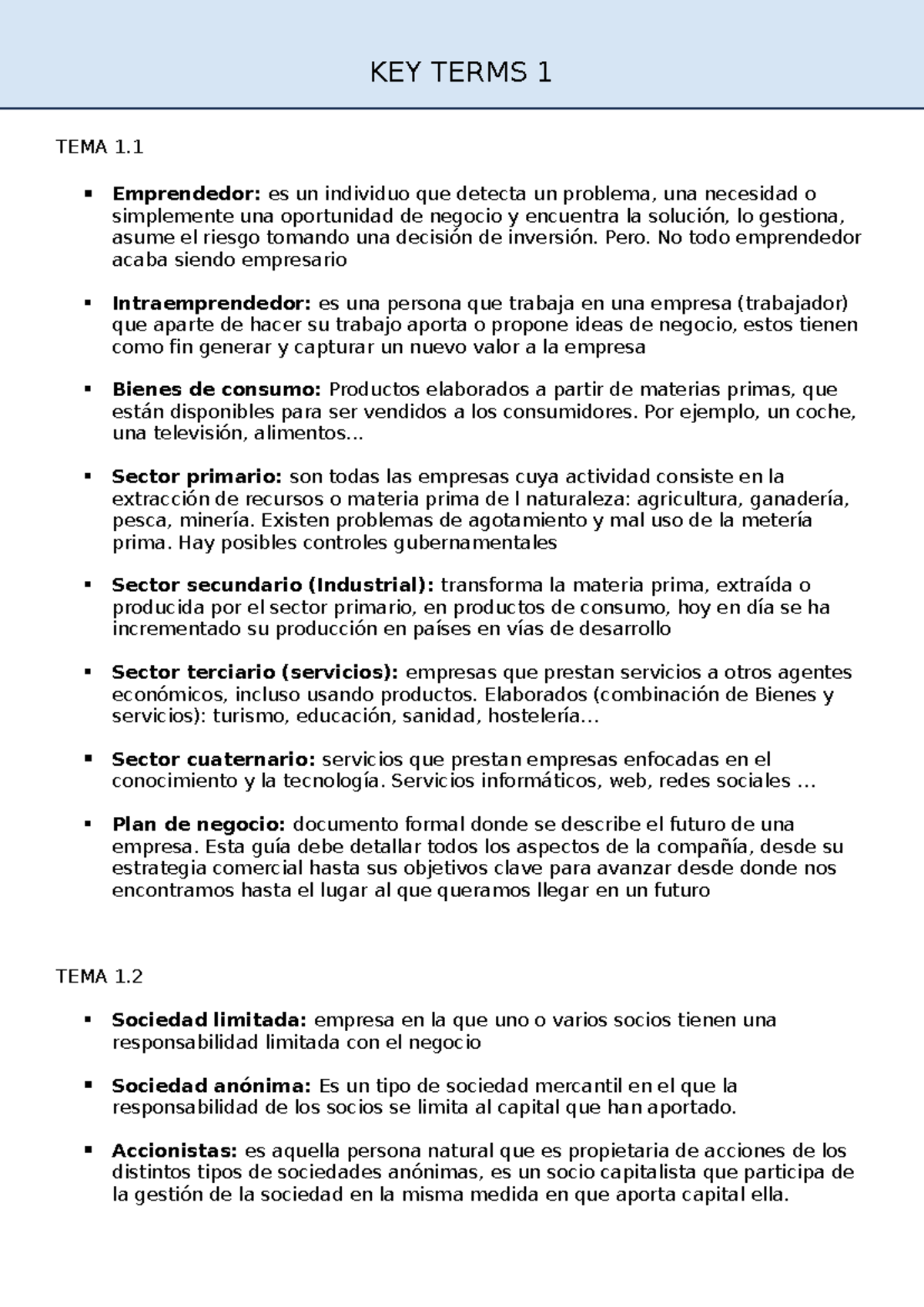 KEY Terms 1 - palabras clave tema 1 - KEY TERMS 1 TEMA 1. Emprendedor ...