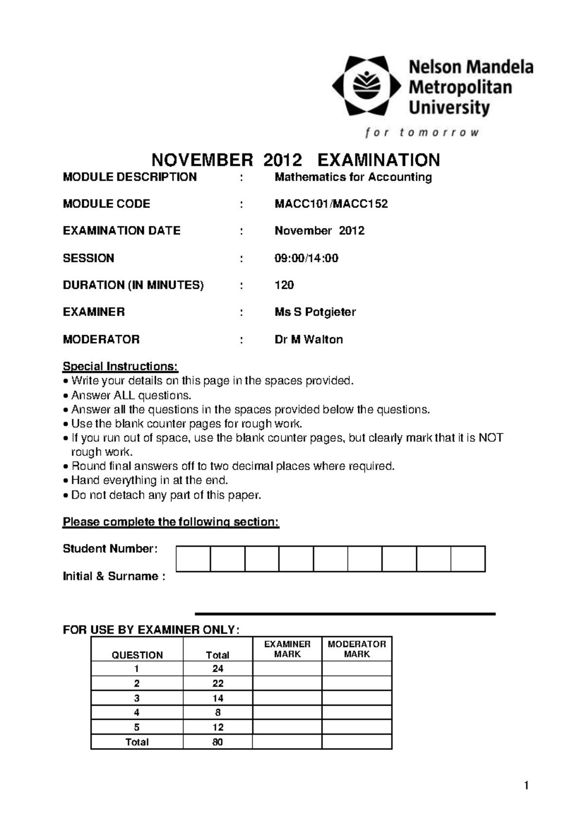 Maccexam NOV 2012 - Summary of MACV101 - NOVEMBER 2012 EXAMINATION ...