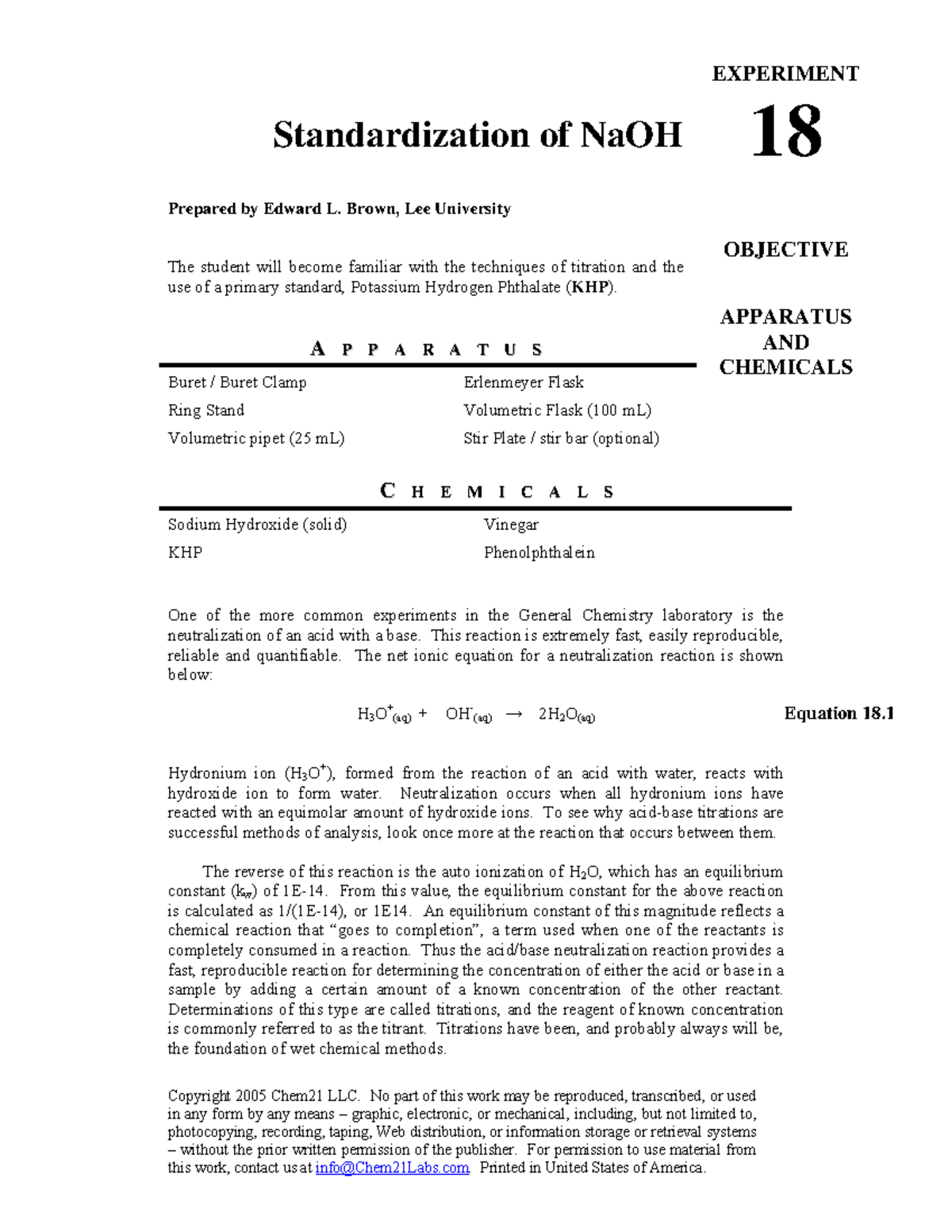 Berea gl05 lab - Copyright 2005 Chem21 LLC. No part of this work may be ...
