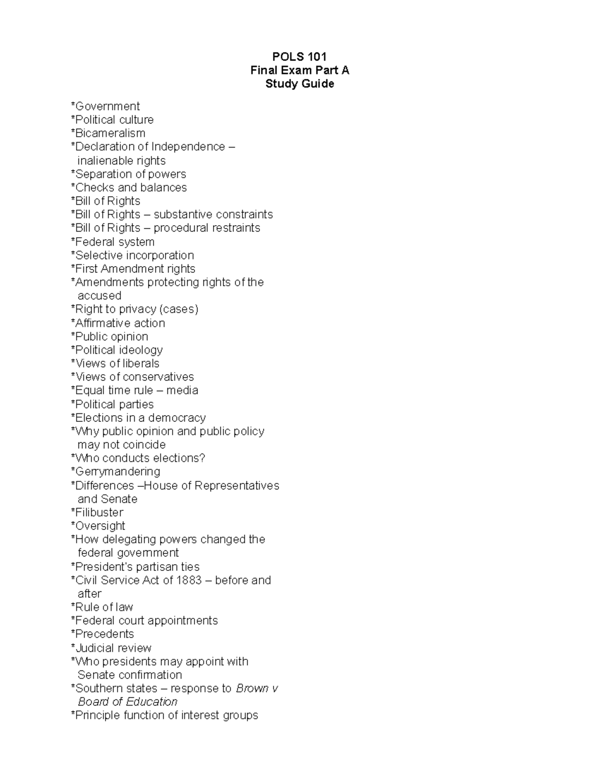 American UNIT Study Guide - POLS 101 Final Exam Part A Study Guide ...