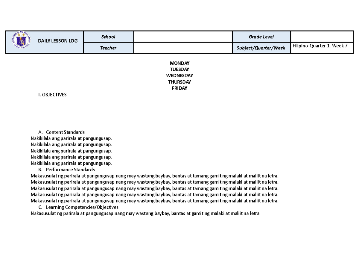 DLL Filipino-2 Q1 W7 - Daily Lesson Log - DAILY LESSON LOG School Grade ...