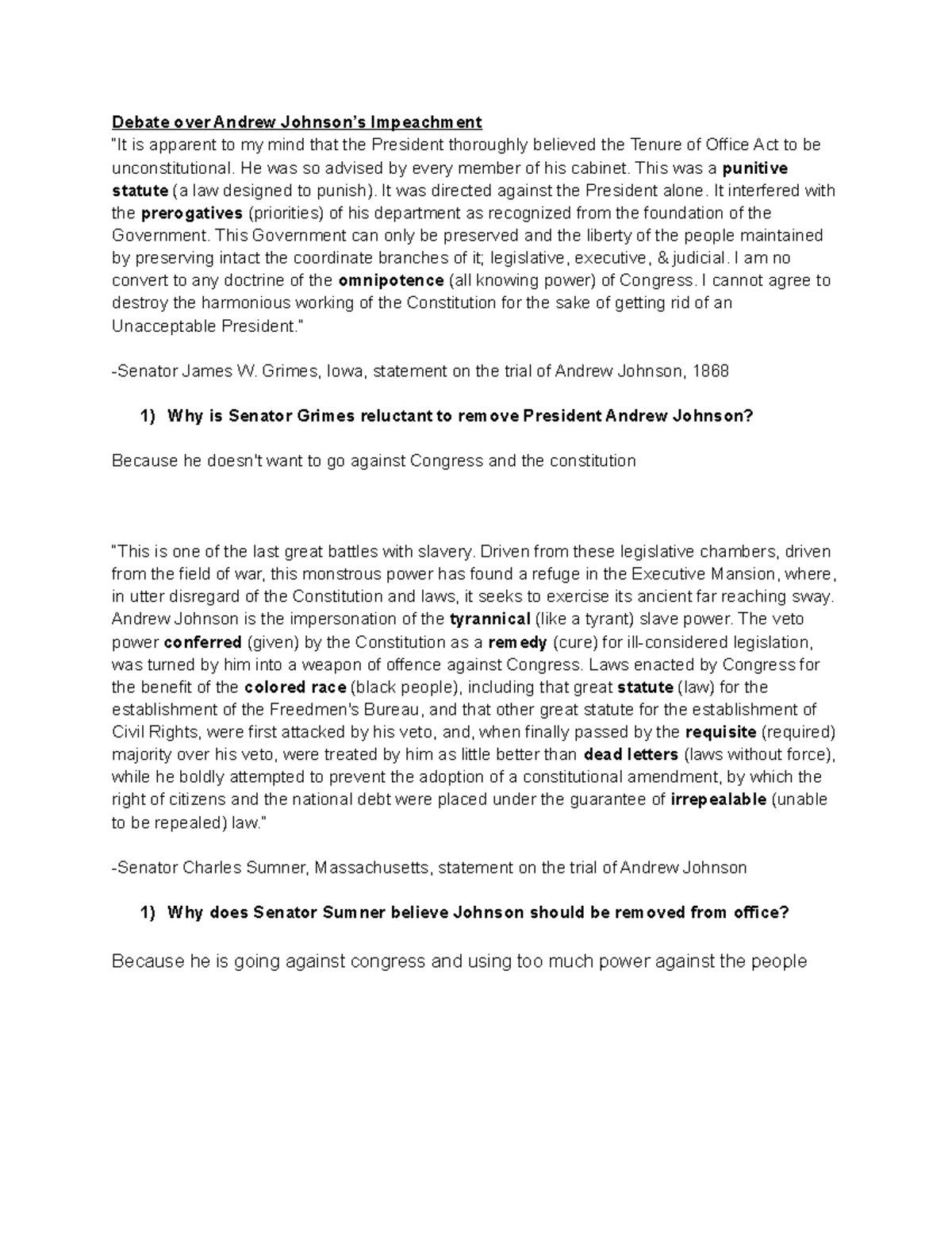 Johnson's Impeachment - Debate over Andrew Johnson’s Impeachment “It is ...