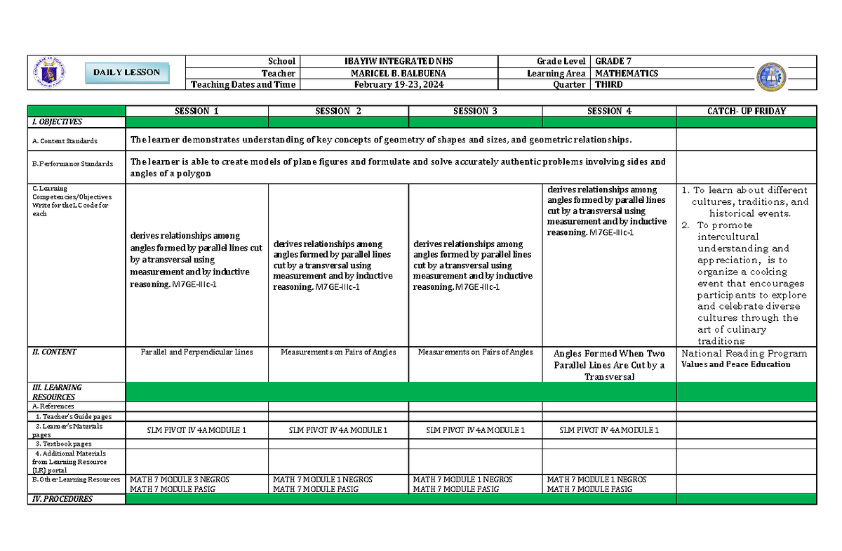 DLL Grade 7 MATH Q3WEEK 3 - School IBAYIW INTEGRATED NHS Grade Level ...