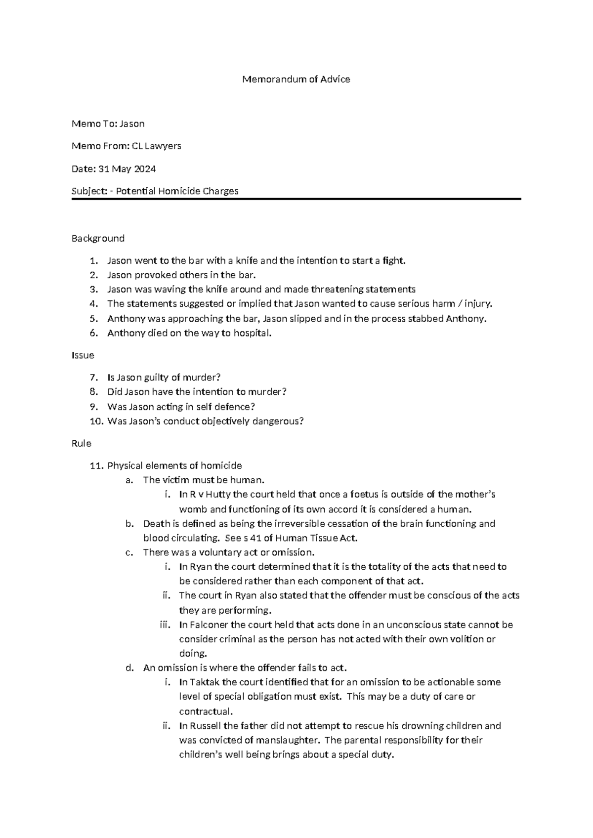 Memorandum of Advice - Homicide - Memorandum of Advice Memo To: Jason ...