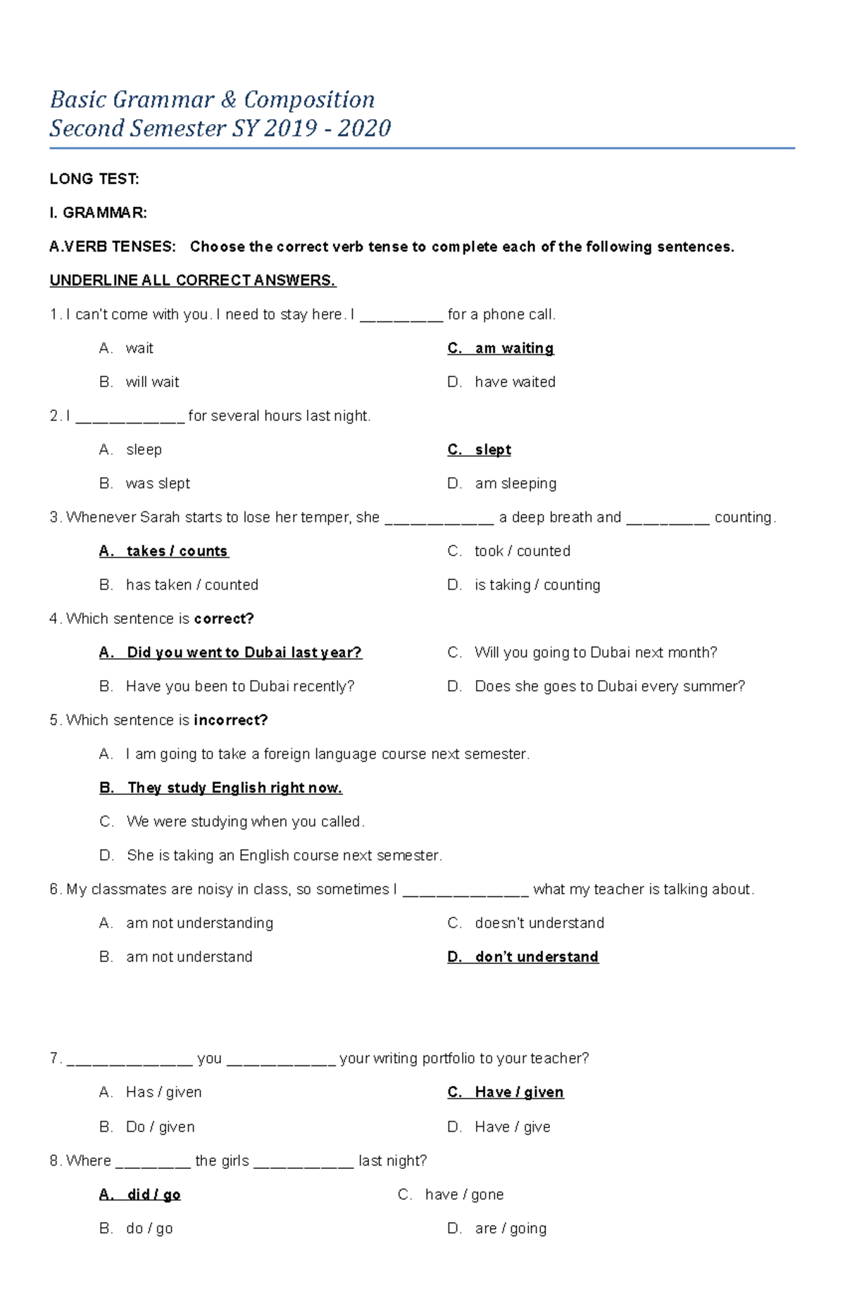 Long Test About Basic Grammar and Composition - BS Psychology - Studocu