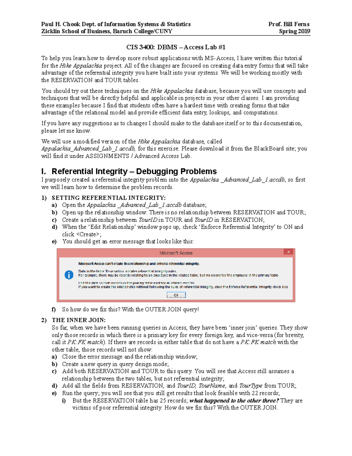 Hike Appalachia Advanced Access Lab-1 - Paul H. Chook Dept. of Information Systems & Statistics ...