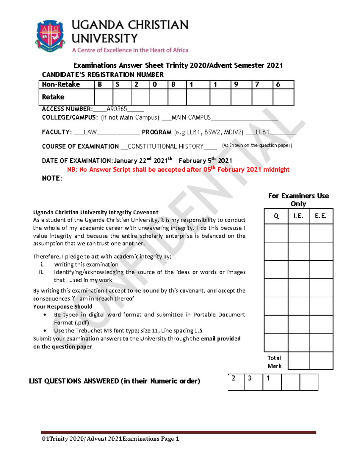 Constitutional history exam - Examinations Answer Sheet Trinity 2020 ...