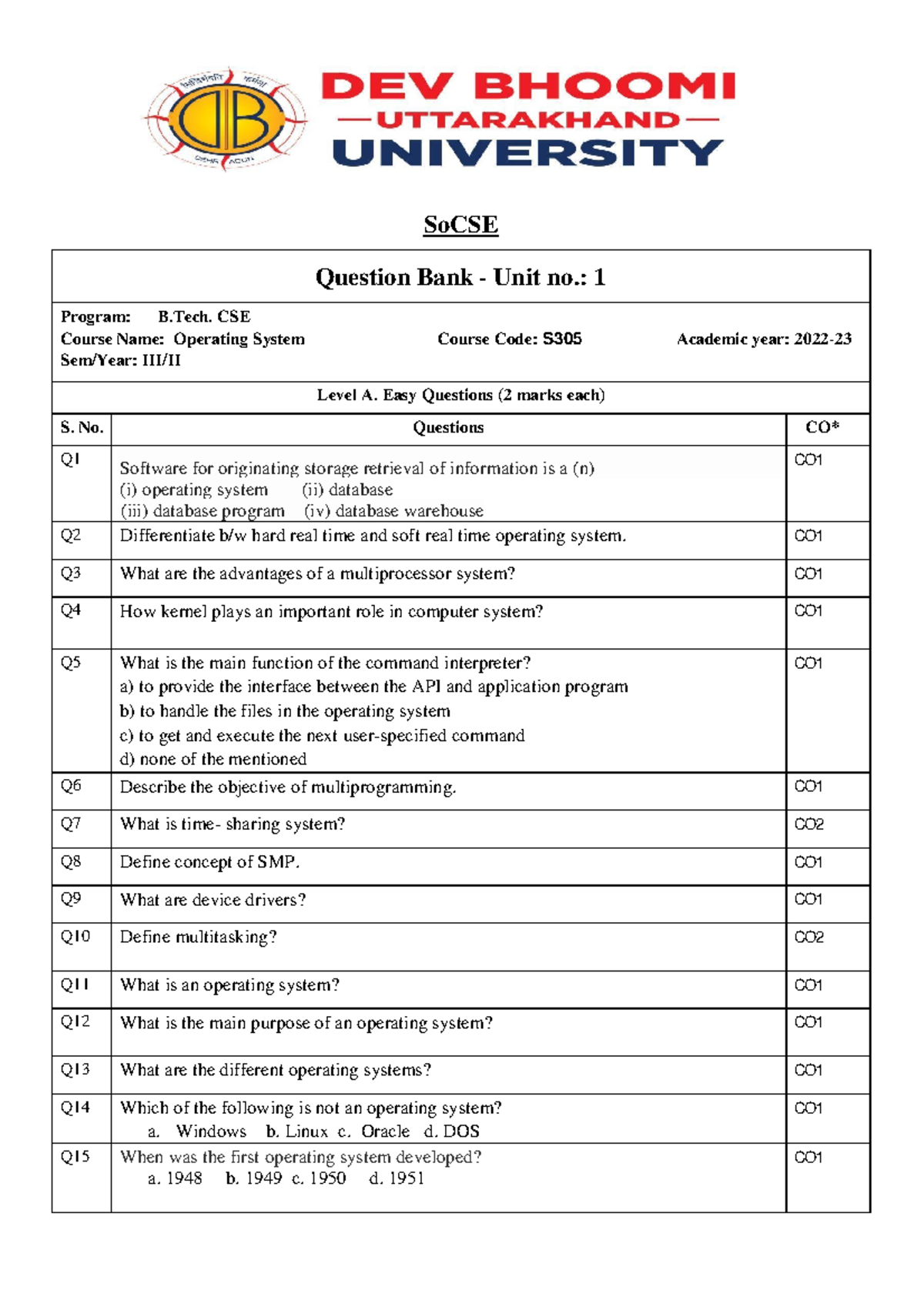 Question bank Operating System - SoCSE Question Bank - Unit no.: 1 ...