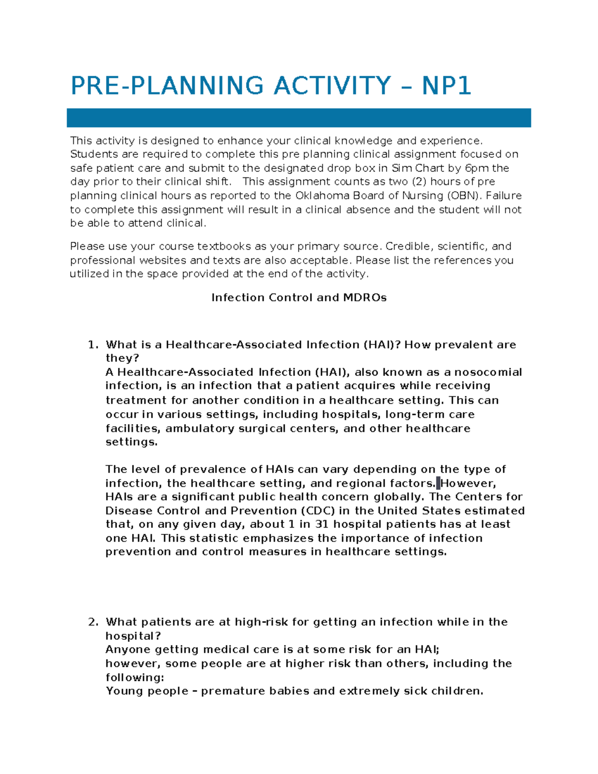 #1 Pre Plan NP1 Infection Control - PRE-PLANNING ACTIVITY – NP This ...