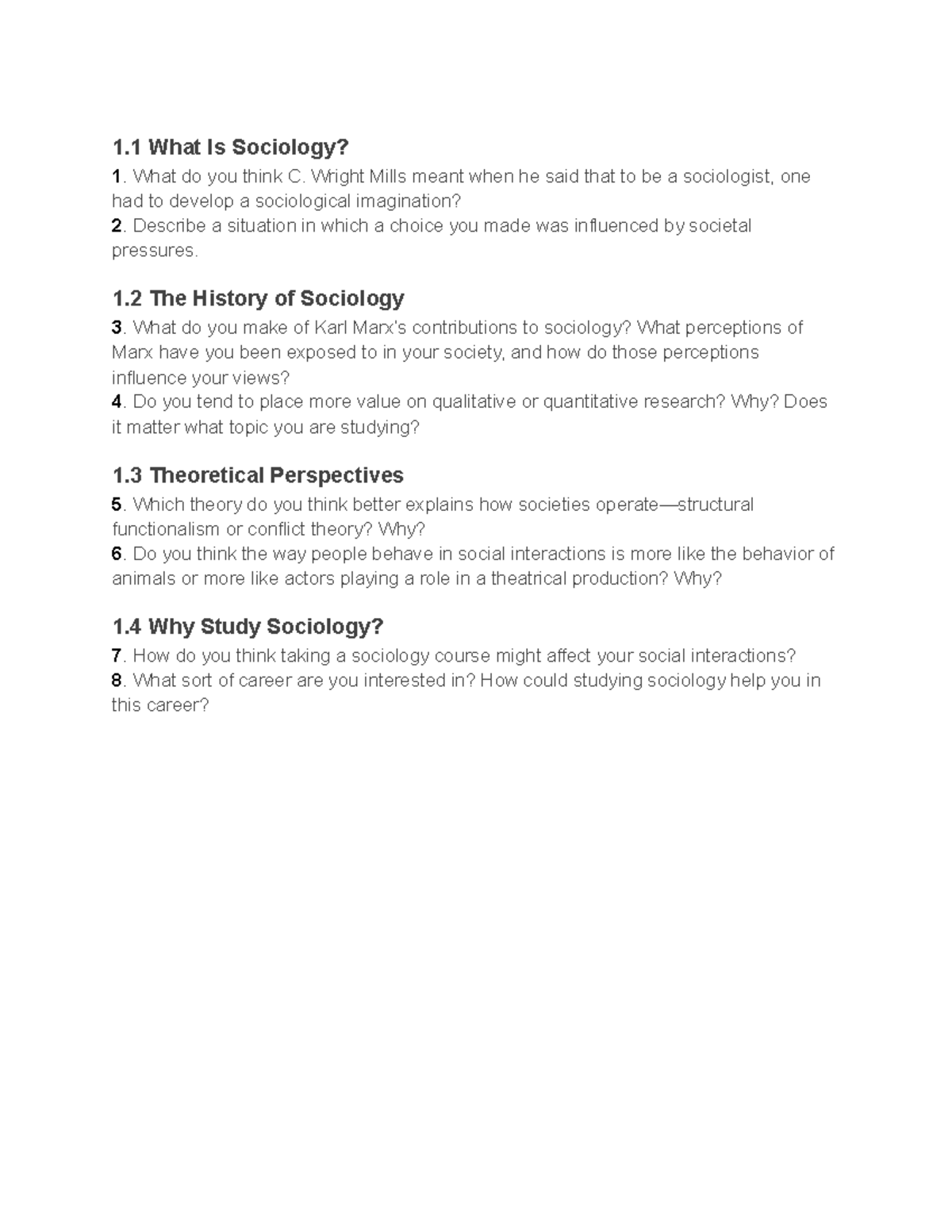 Chpater 1 Short Answer Questions - 1 What Is Sociology? What do you ...