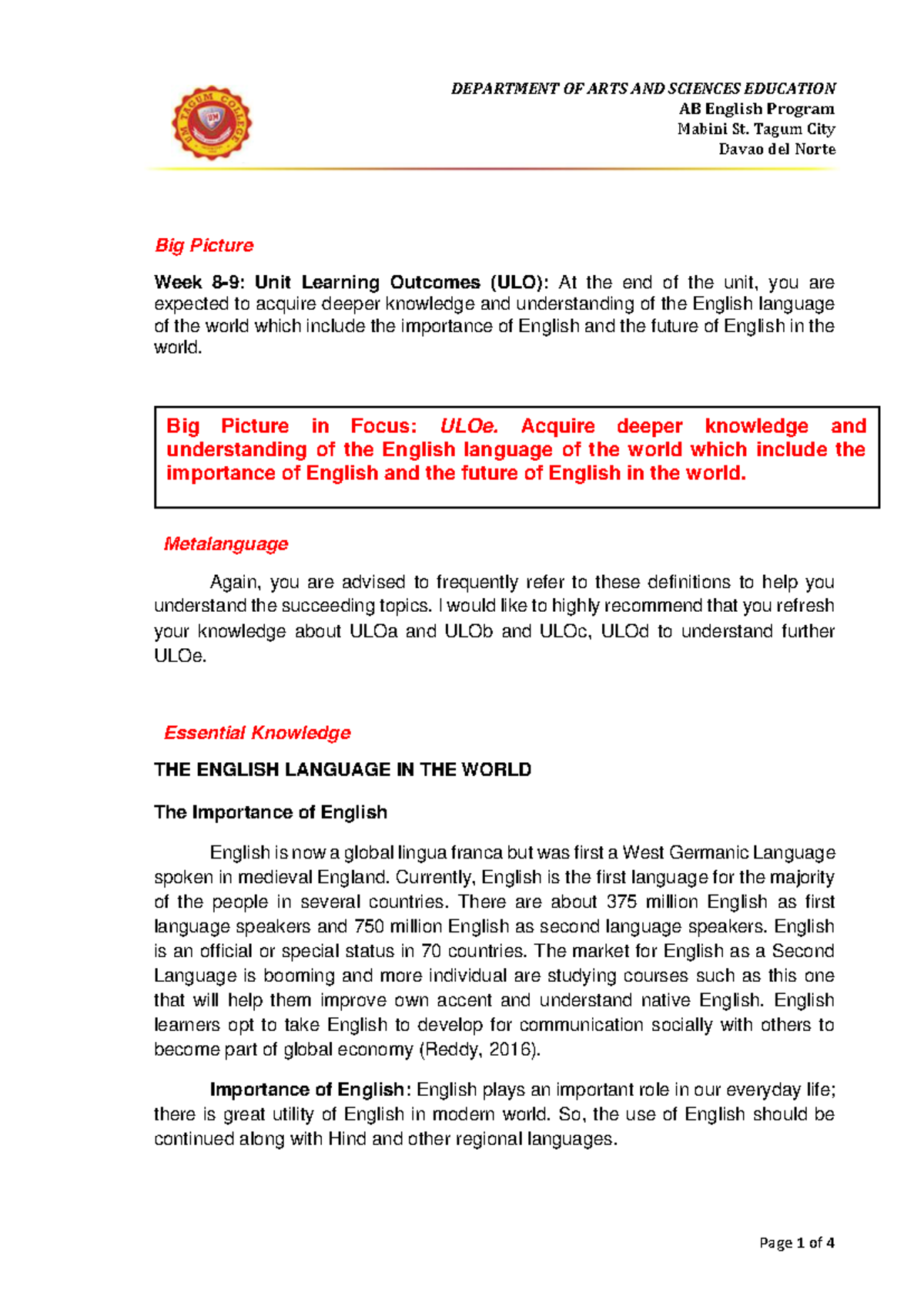 The Importance of English - AB English Program Mabini St. Tagum City ...
