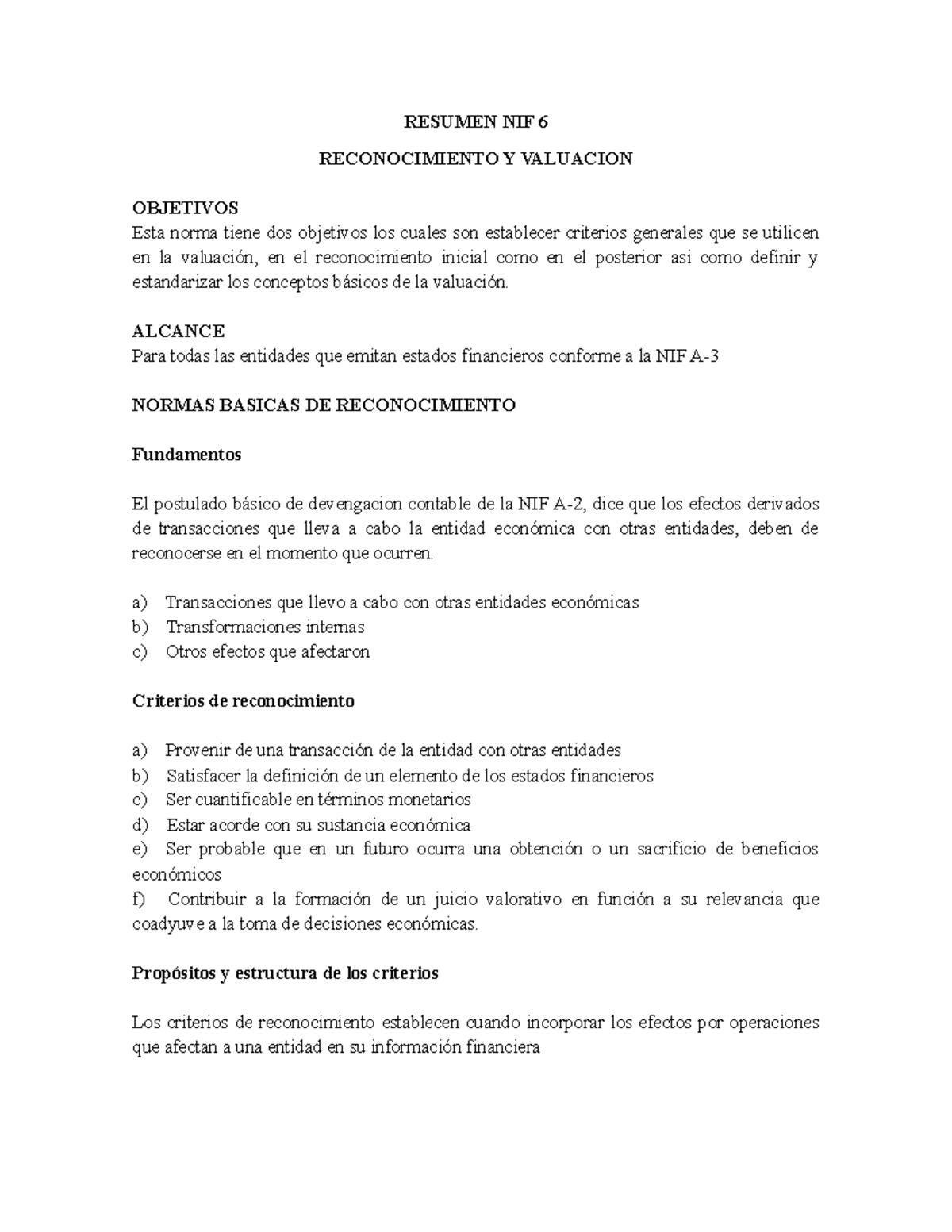 NIF 6 Resumen - niif 6 - RESUMEN NIF 6 RECONOCIMIENTO Y VALUACION ...