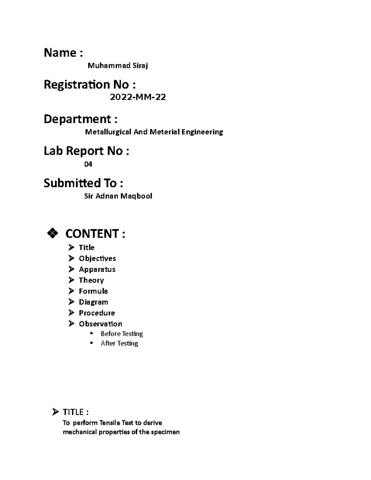 MME Lab Report - Guvg - Name : Muhammad Siraj Registration No : 2022-MM- Department ...