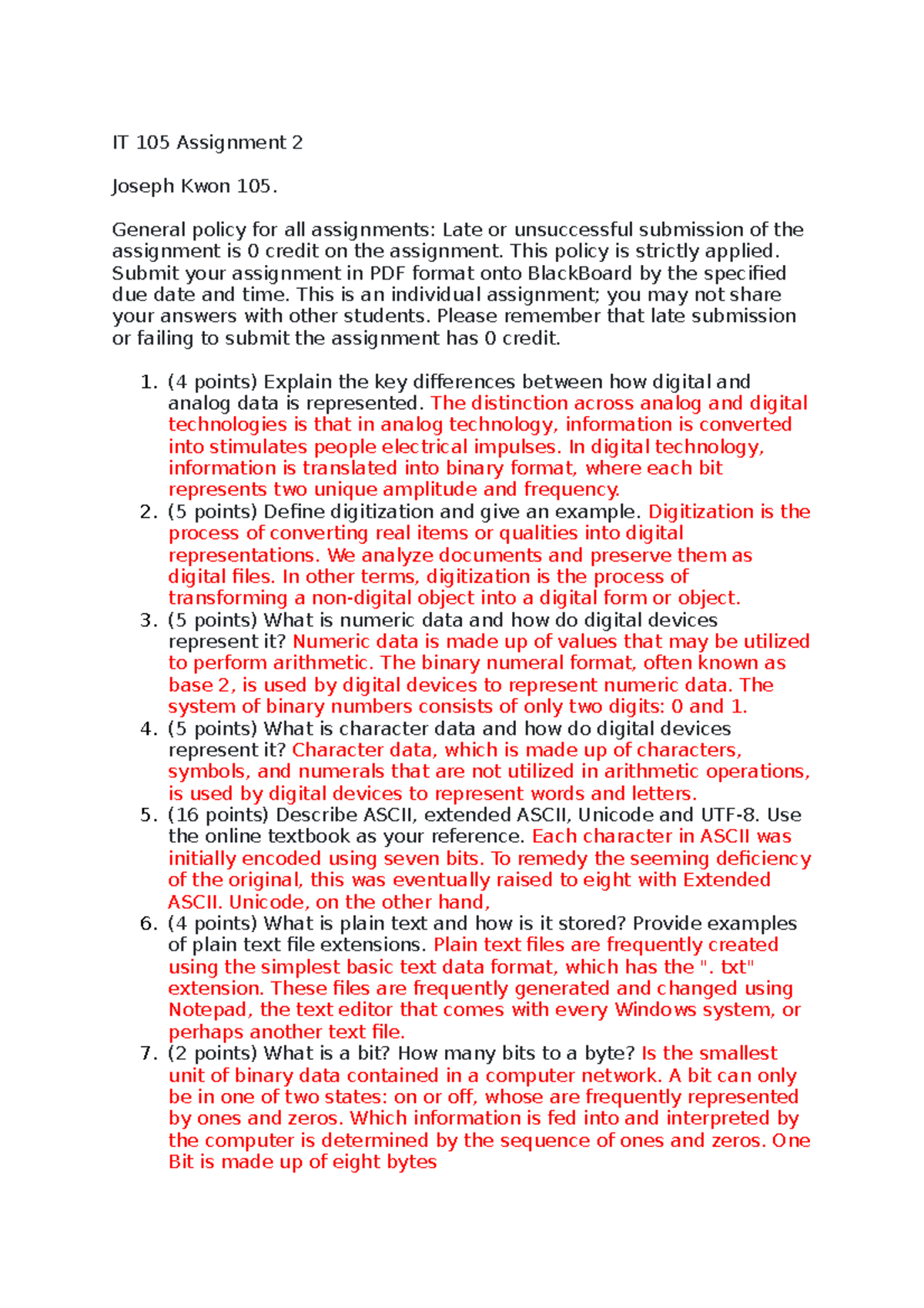 IT 105 Completed - IT 105 Assignment 2 Joseph Kwon 105. General policy ...