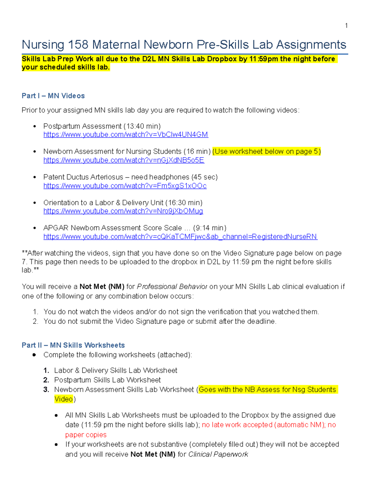 NUR 158 MN Skills Lab Assignments Fall 23 - Nursing 158 Maternal Newborn Pre-Skills Lab ...