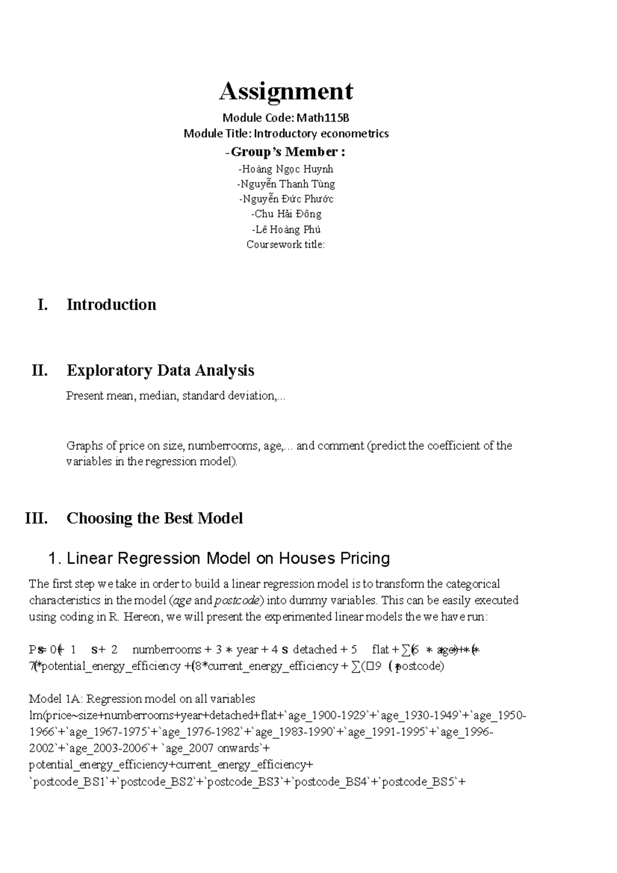 Kinh te luong assignment - Assignment Module Code: Math115B Module ...