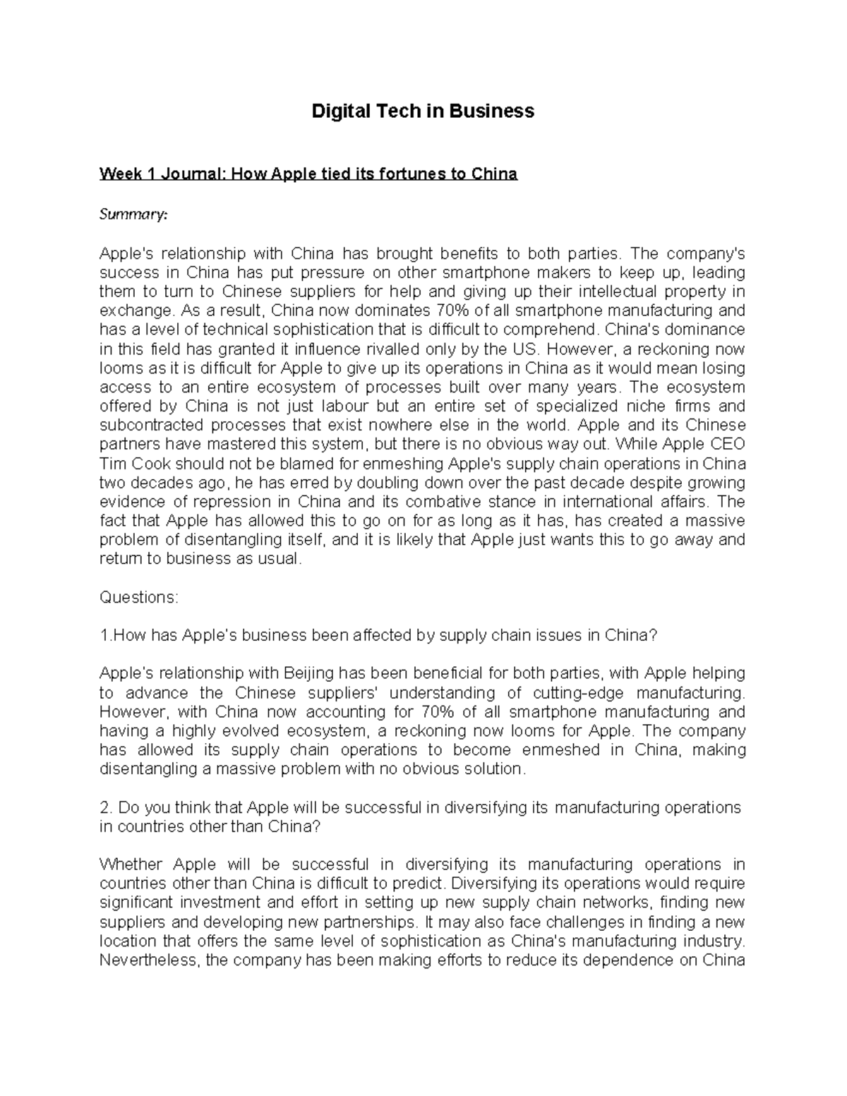 Digital Tech Journal - lecture notes - Digital Tech in Business Week 1 ...