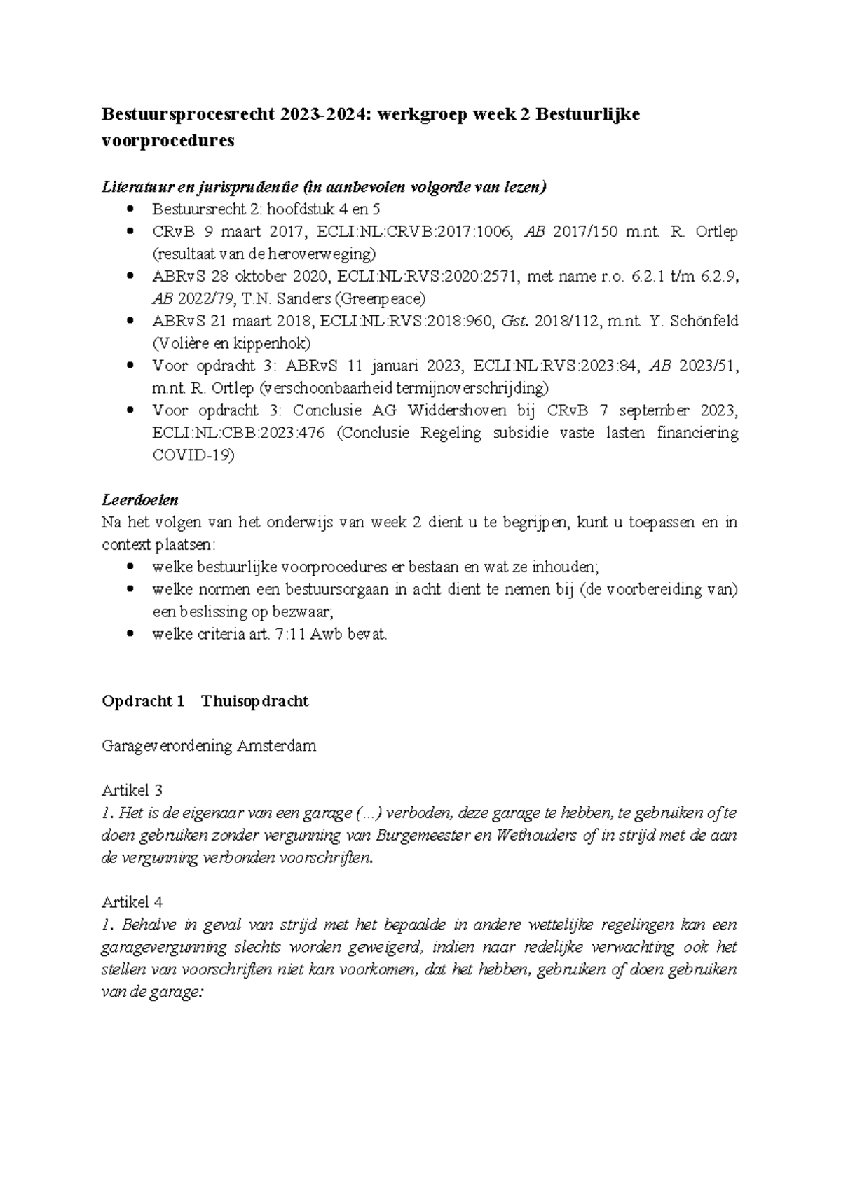 Bpr 2024 werkgroep week 2 - Bestuursprocesrecht 2023-2024: werkgroep week 2 Bestuurlijke ...