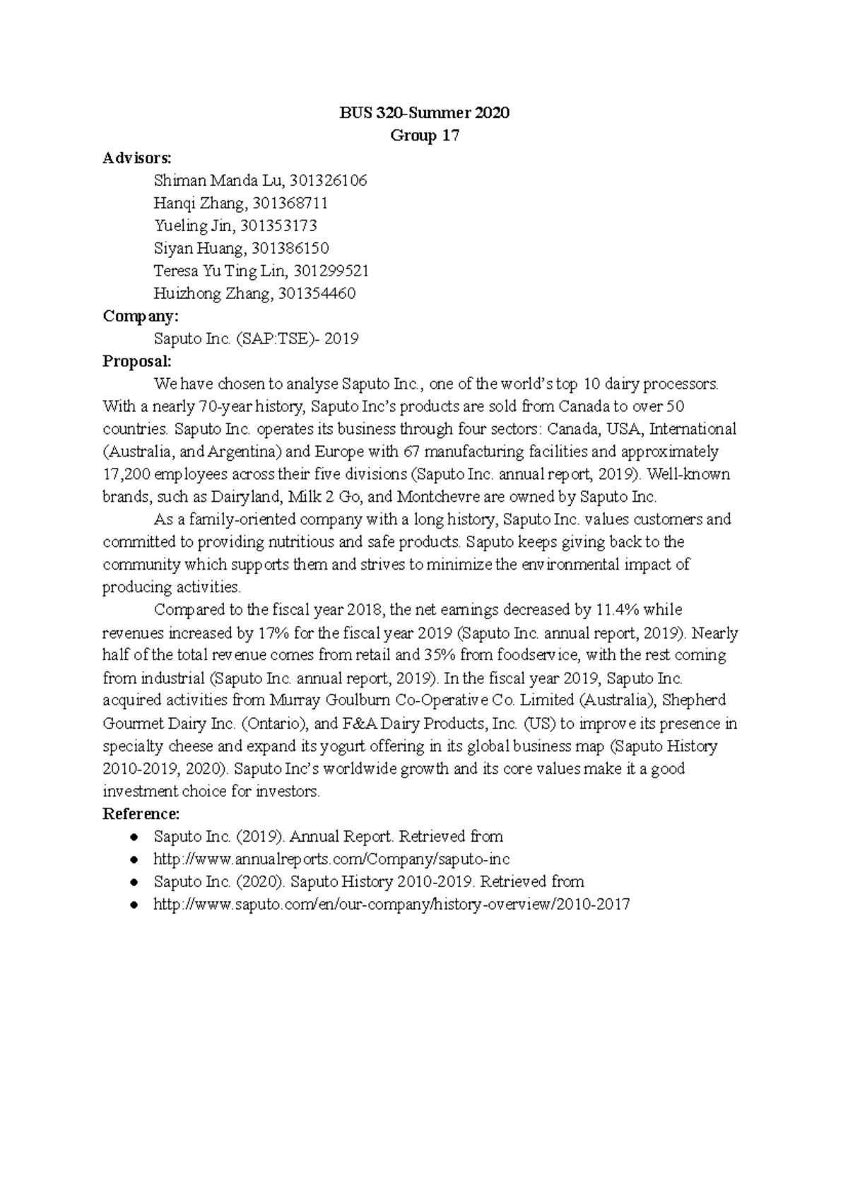 The Saputo proposal - BUS 320-Summer 2020 Group 17 Advisors: Shiman ...