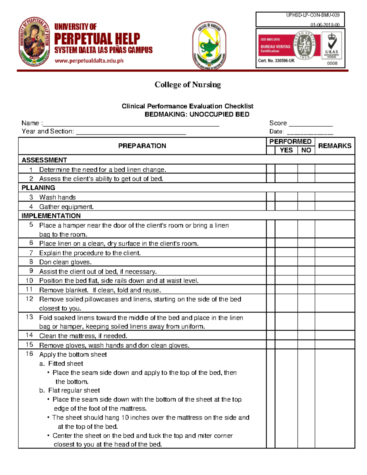Checklist Unoccupied-Bedmaking - UPHSD-LP-CON-BMU- 01-06-2018- College ...