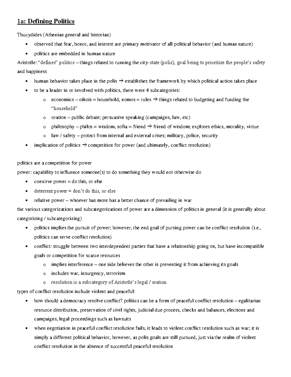 1 Science Politics Outline - 1a: Defining Politics Thucydides (Athenian ...