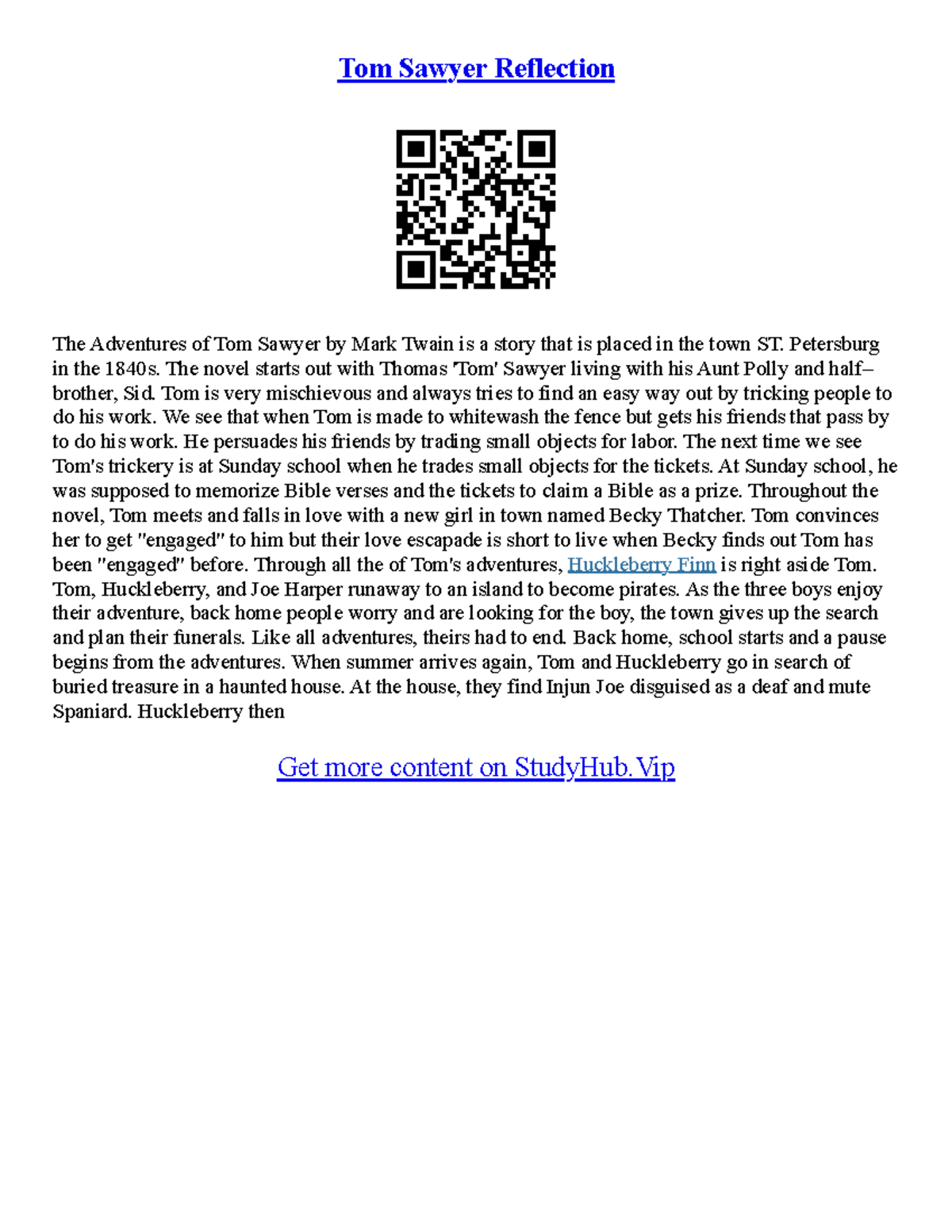 The Adventures Of Tom Sawyer Essay - Tom Sawyer Reflection The ...