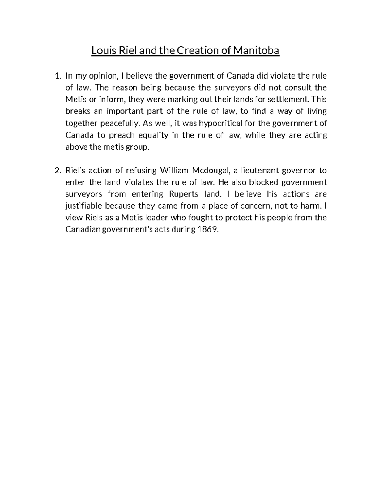 The Louis Riel Textbook Questions-2 - Louis Riel and the Creation of ...