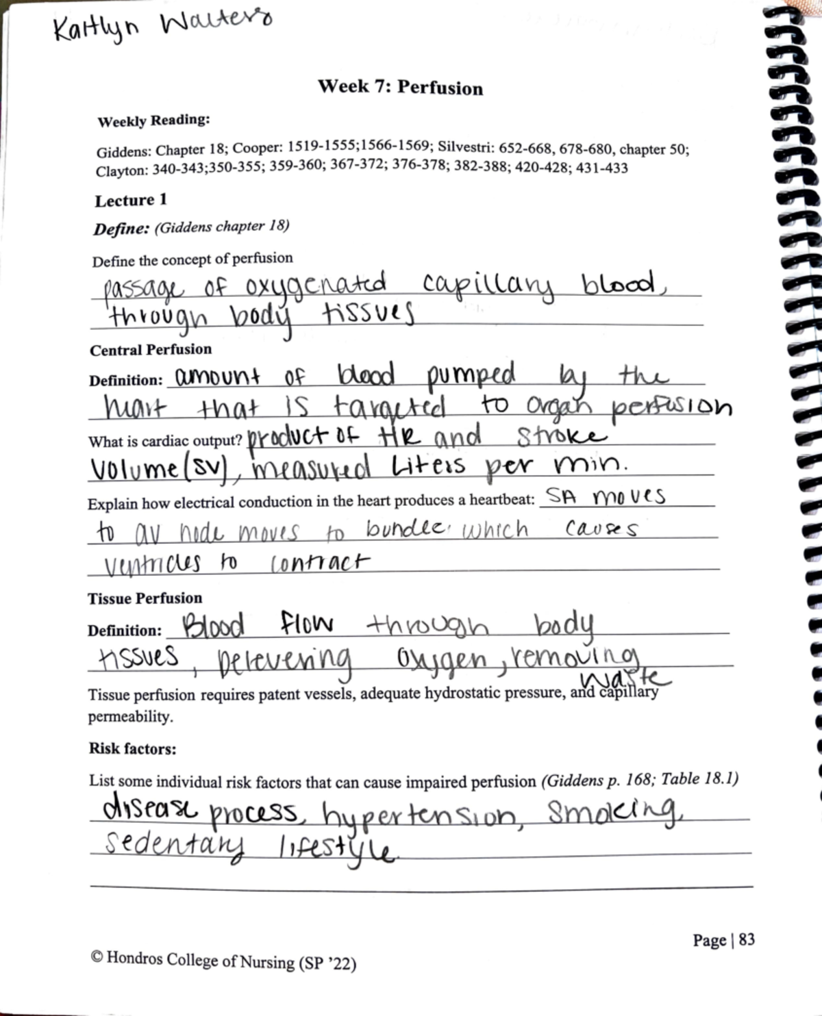 176 week 7 - WORK - Week 7: Perfusion Weekly Reading: Giddens: Chapter ...