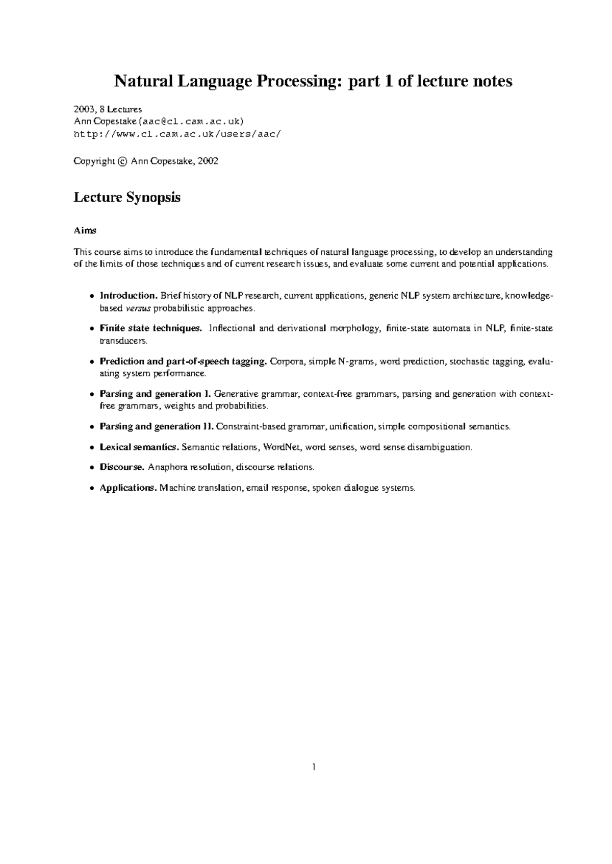 Nlp1 4 Nlp Notes Natural Language Processing Part 1 Of Lecture Notes 2003 8 Lectures Ann