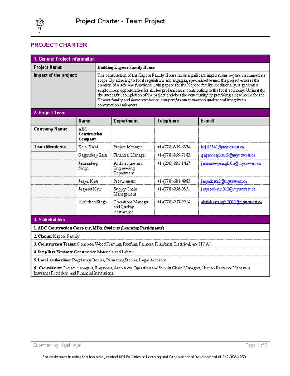 Great Project Charter - Building house for Kapoor family - TEAM 1 ...
