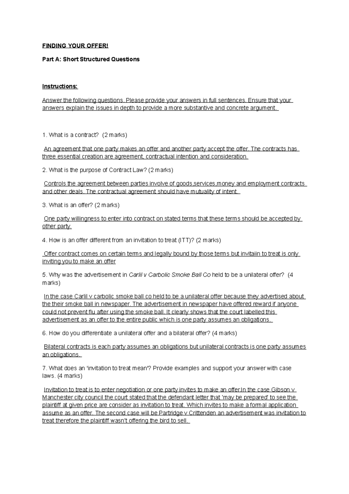 Finding Your Offer - Questions - FINDING YOUR OFFER! Part A: Short ...