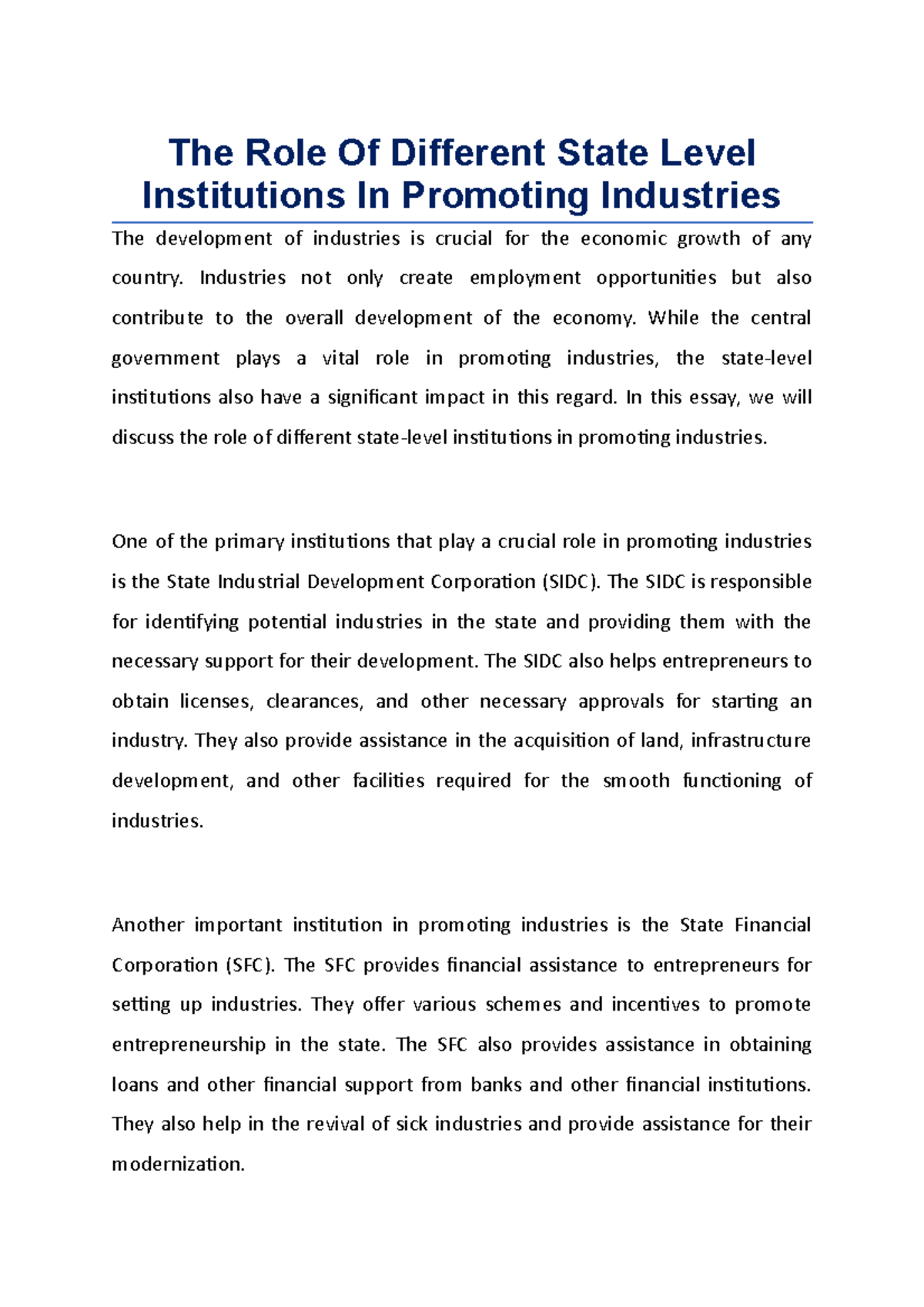 The Role Of Different State Level Institutions In Promoting Industries ...