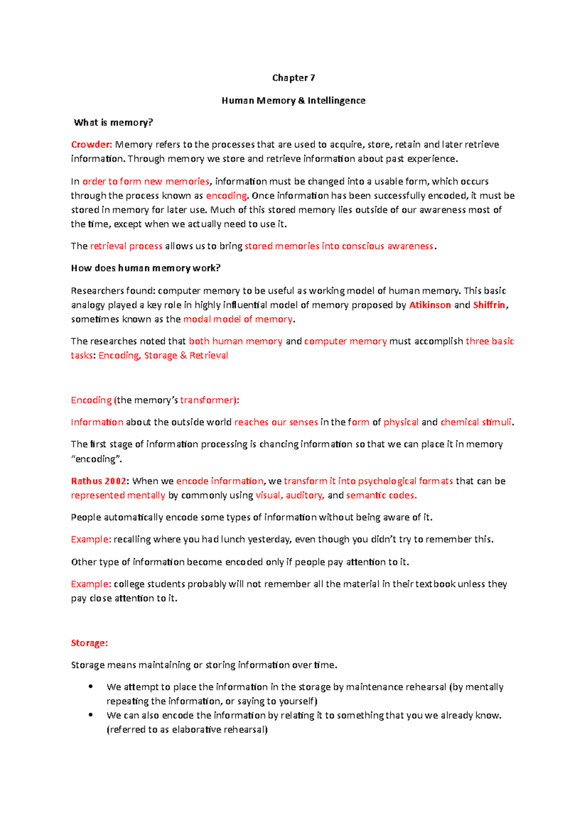 Chapter 7,8,9 - Chapter 7 Human Memory & Intellingence What is memory ...