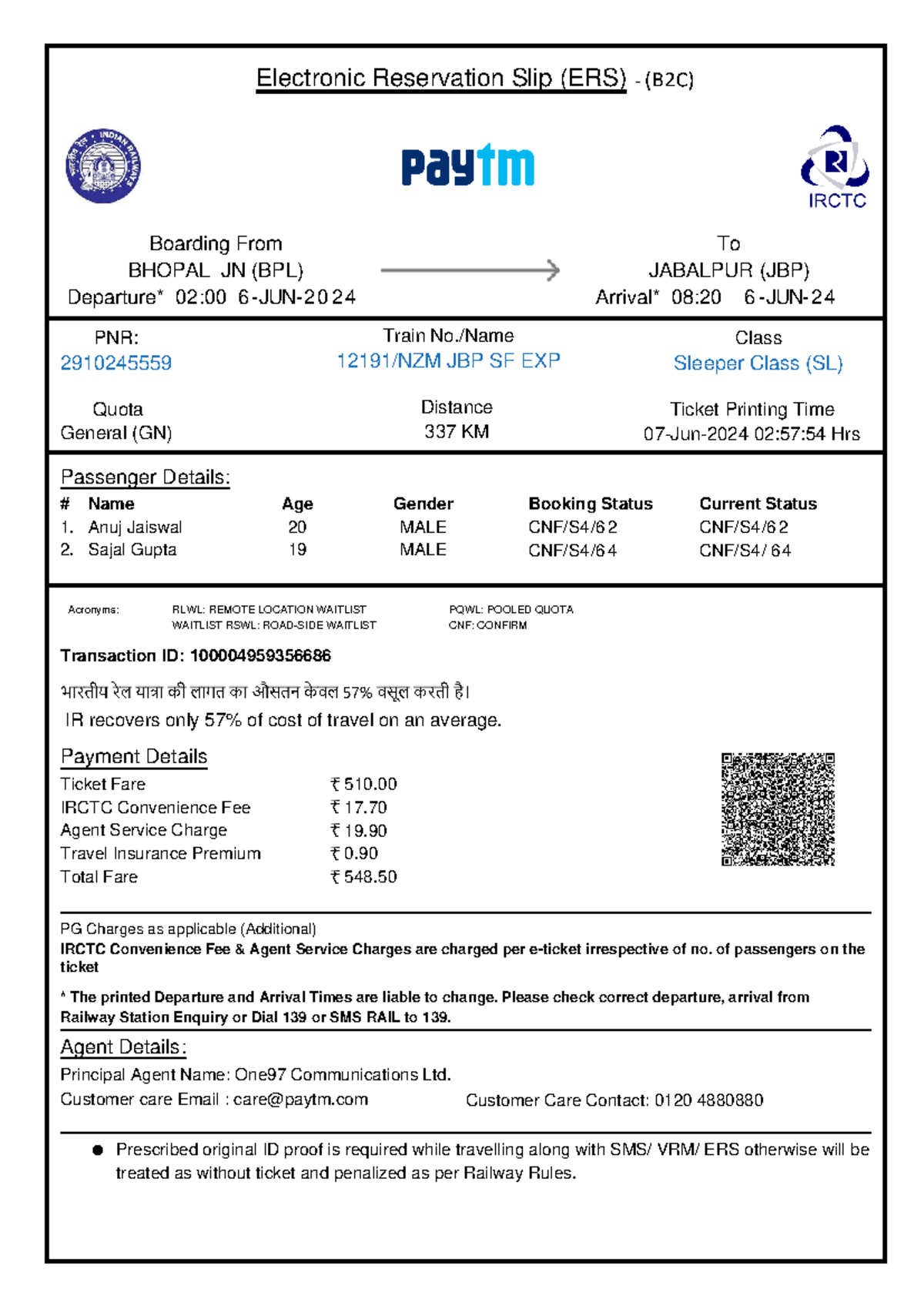 Ticket analysis by the traveller itself - Electronic Reservation Slip ...