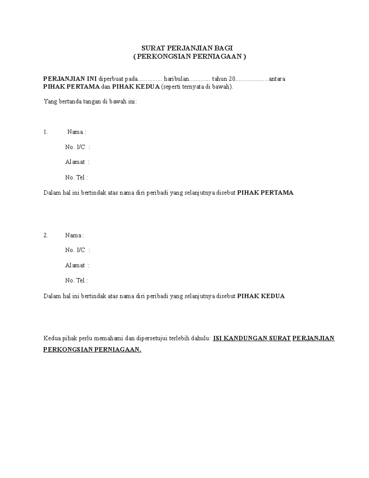 Contoh-perjanjian-bersama - SURAT PERJANJIAN BAGI ( PERKONGSIAN ...