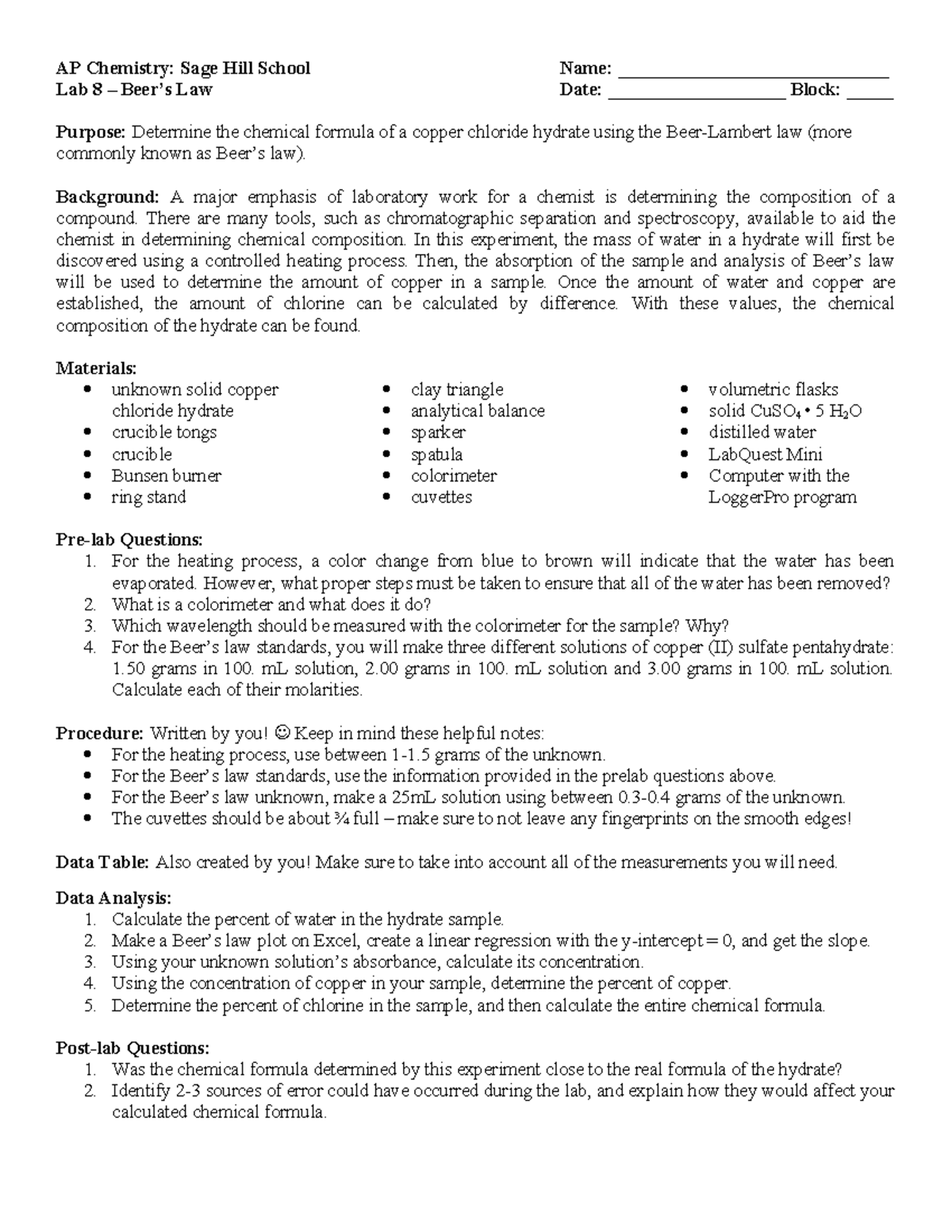 Lab 8 - Beer's Law - AP Chemistry: Sage Hill School Name ...