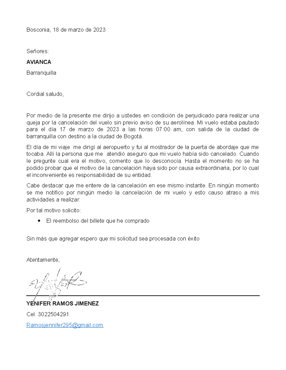 Carta 1° - Bosconia, 18 de marzo de 2023 Señores: AVIANCA Barranquilla ...