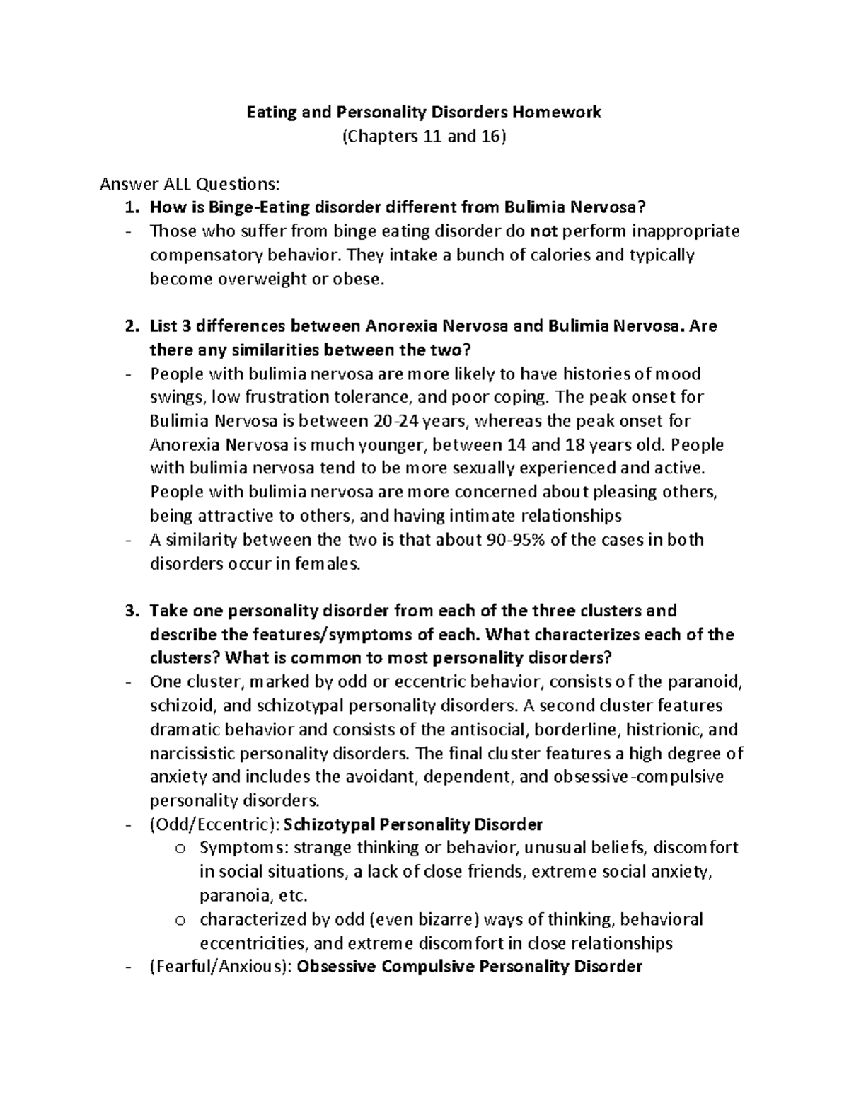 Eating and Personality Disorders Homework - Eating and Personality ...