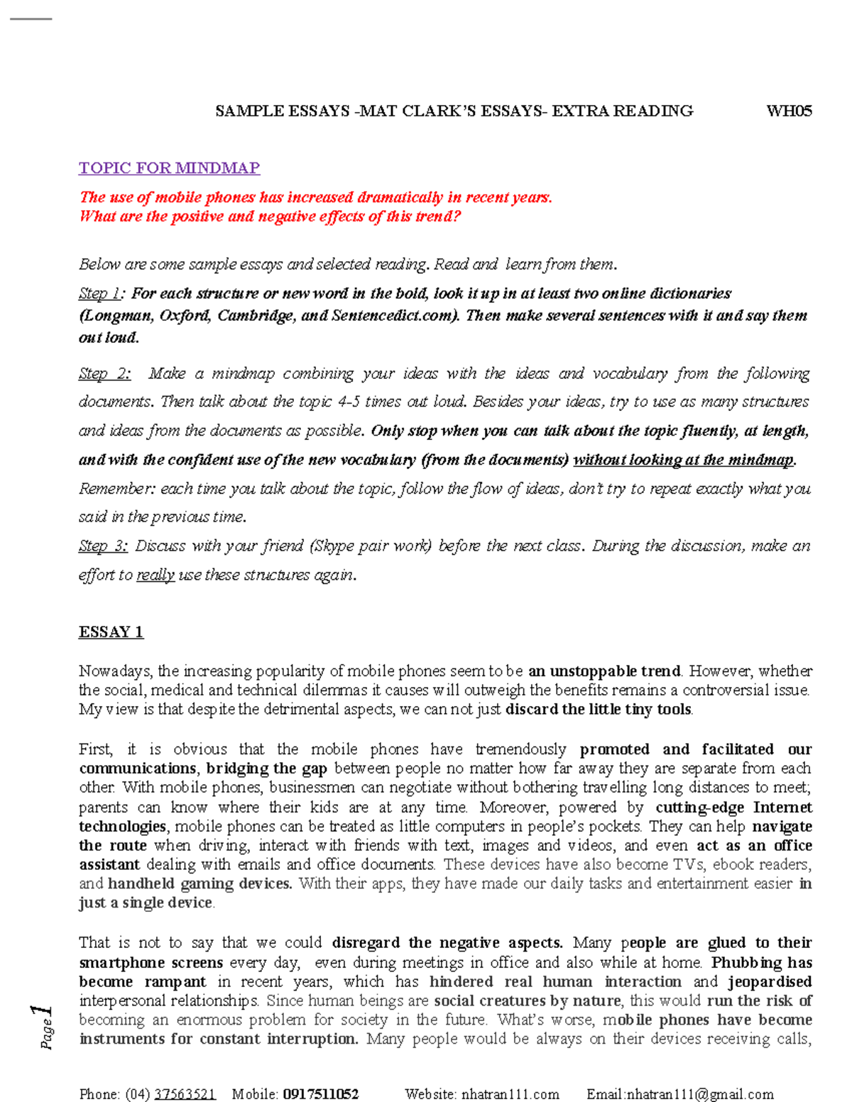 WH05-TASK 2- Extra Reading- Sample Essays - SAMPLE ESSAYS -MAT CLARK’S ...