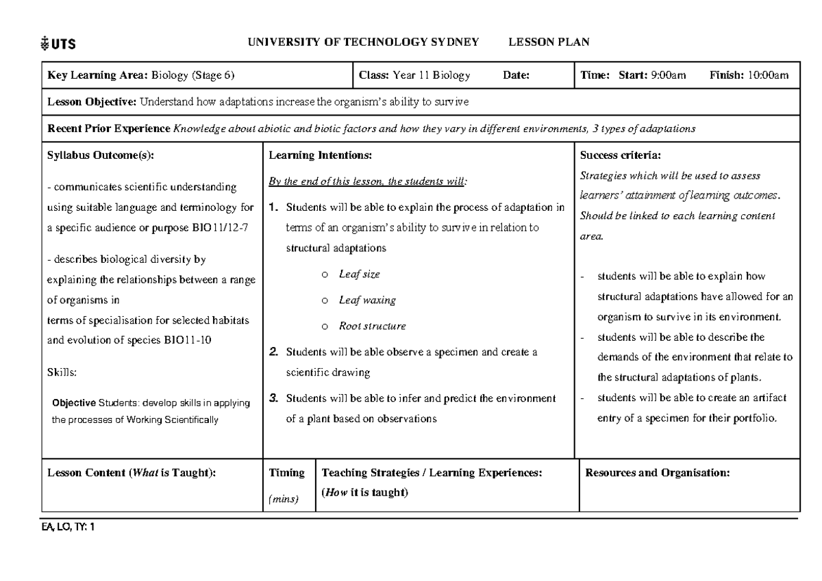 Ass 1 example lesson plan - UNIVERSITY OF TECHNOLOGY SYDNEY LESSON PLAN ...