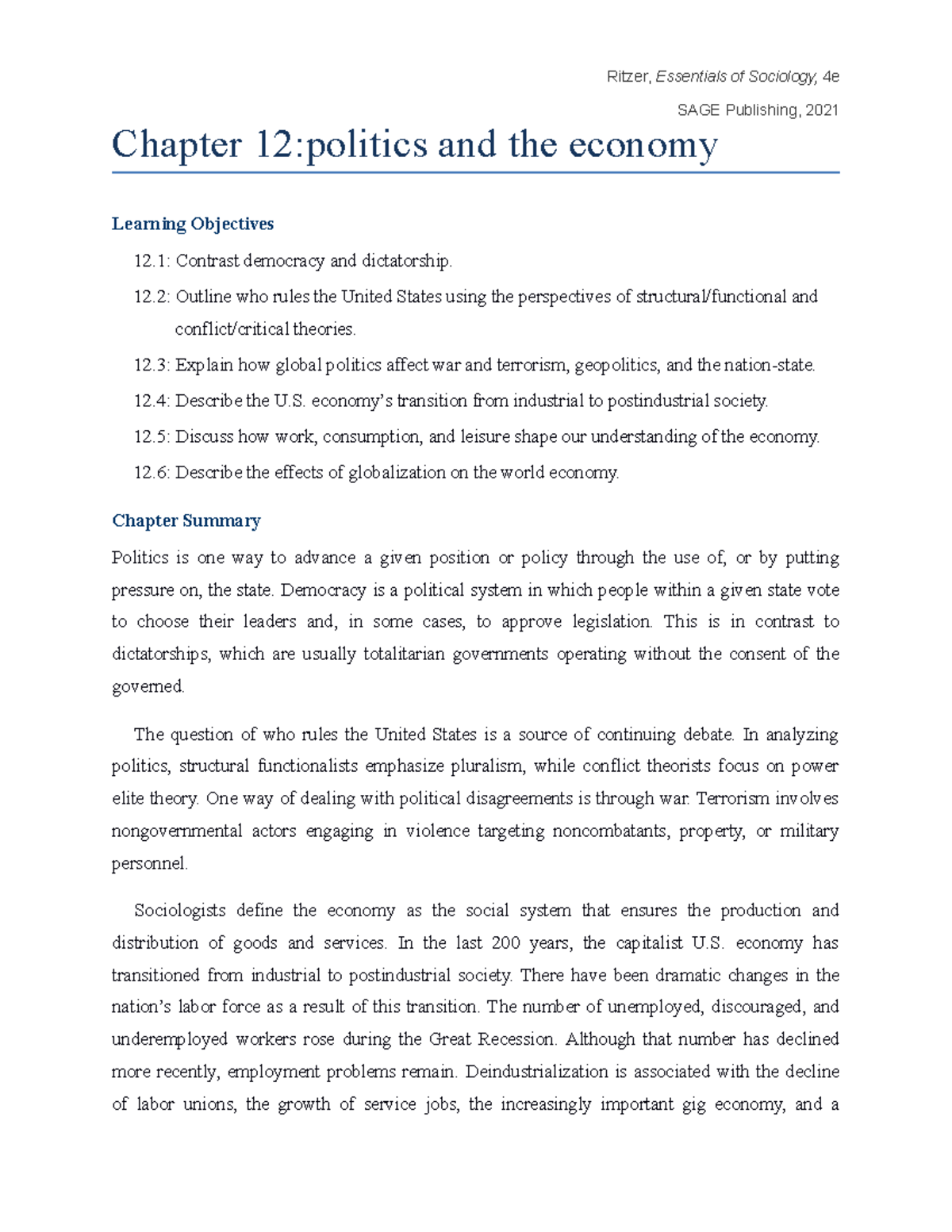 Chapter 12politics and the economy - SAGE Publishing, 2021 Chapter 12 ...