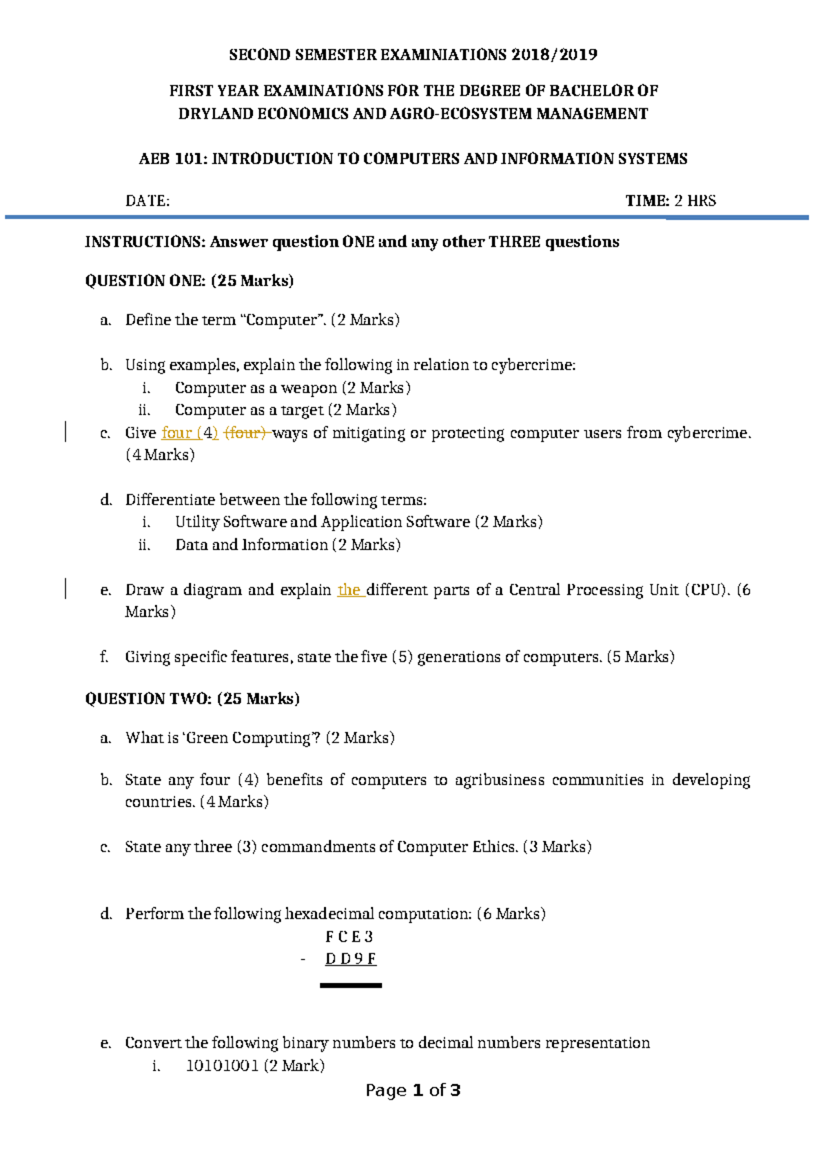 AEB 101 Introduction to Computers - May 2019 - SECOND SEMESTER ...