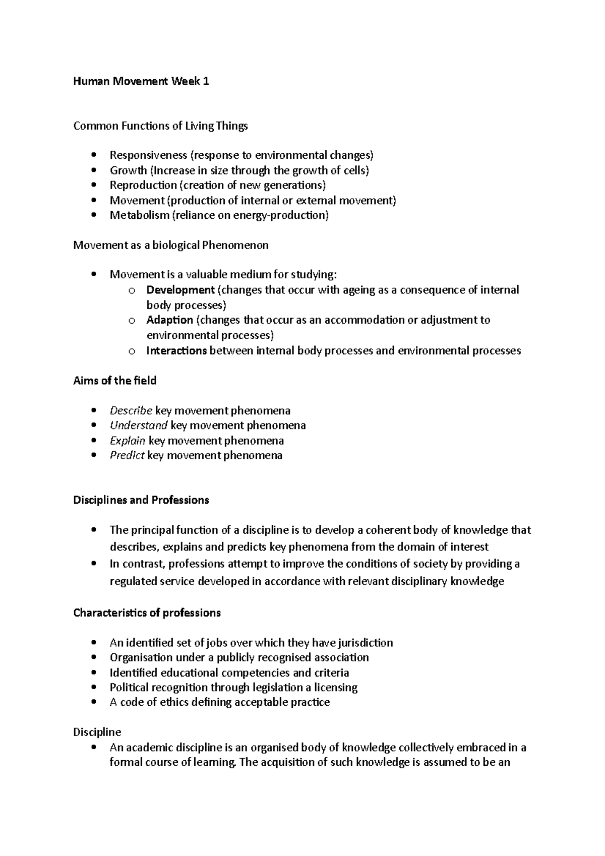 Anatomy Notes - week 1 - Human Movement Week 1 Common Functions of ...