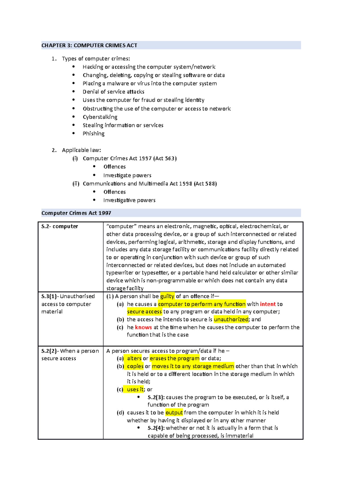 Chap 3- CCA - This is notes for cyber law based on her lecture slides ...