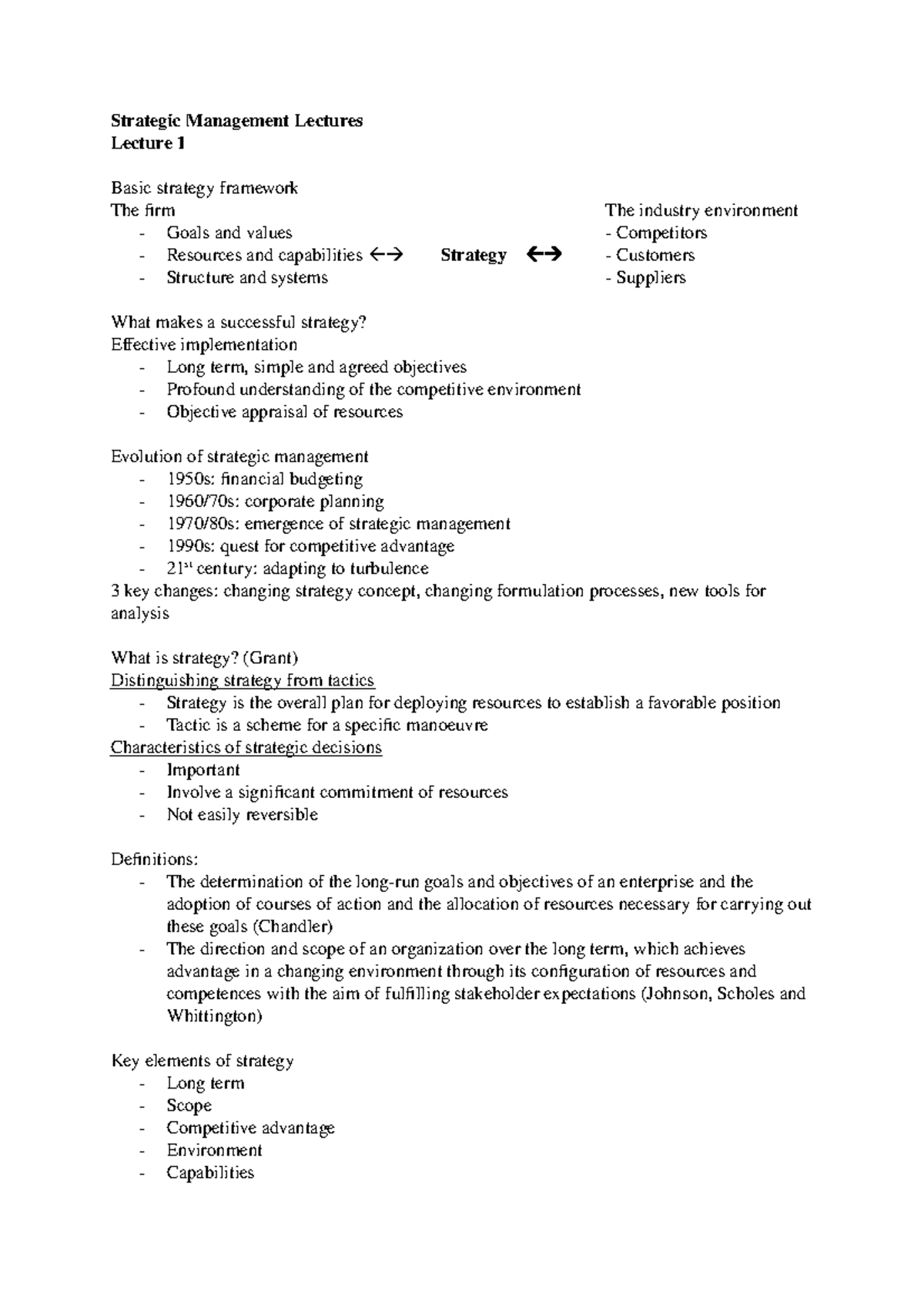 Hoorcolleges Strategisch Management - Lecture notes, lectures 1 - 5 ...