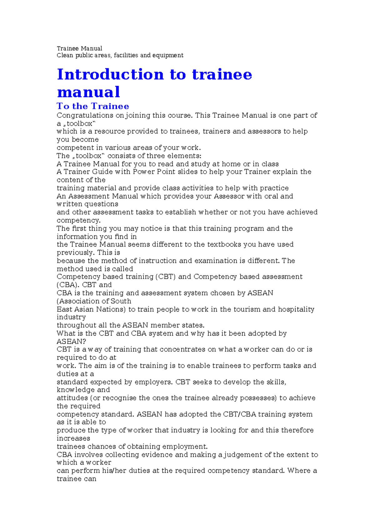 Cleaning public area - Trainee Manual Clean public areas, facilities ...