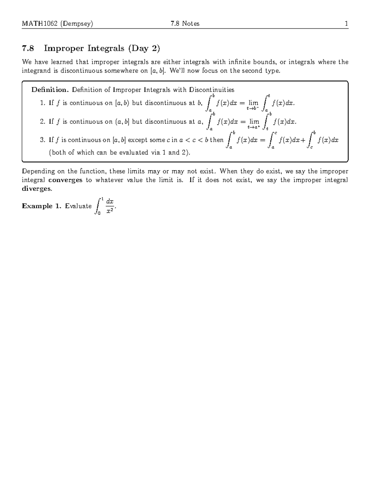7.8 - Improper Integrals Day 2 - MATH1062 (Dempsey) 7 Notes 1 7 ...