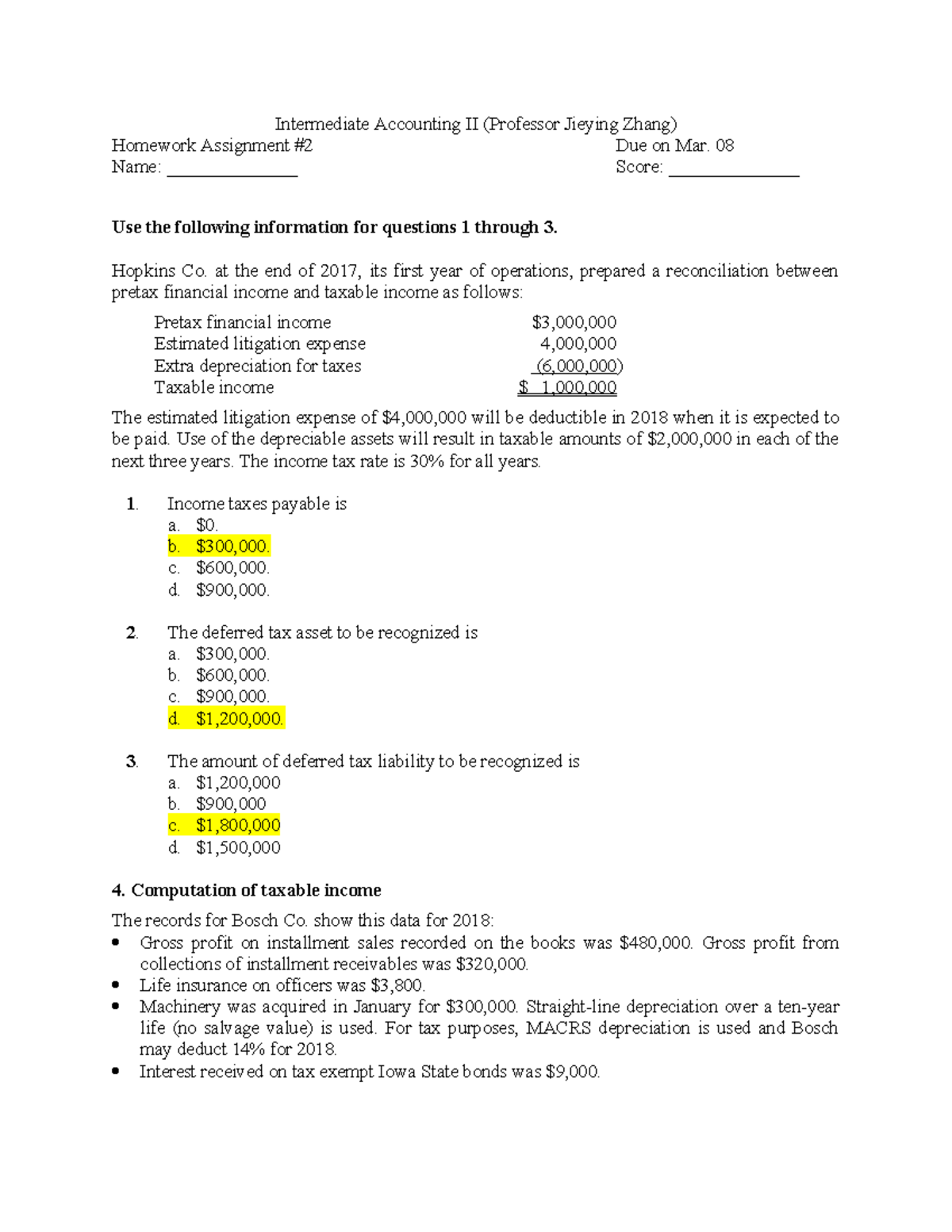 No. 2 - homework - Intermediate Accounting II (Professor Jieying Zhang ...